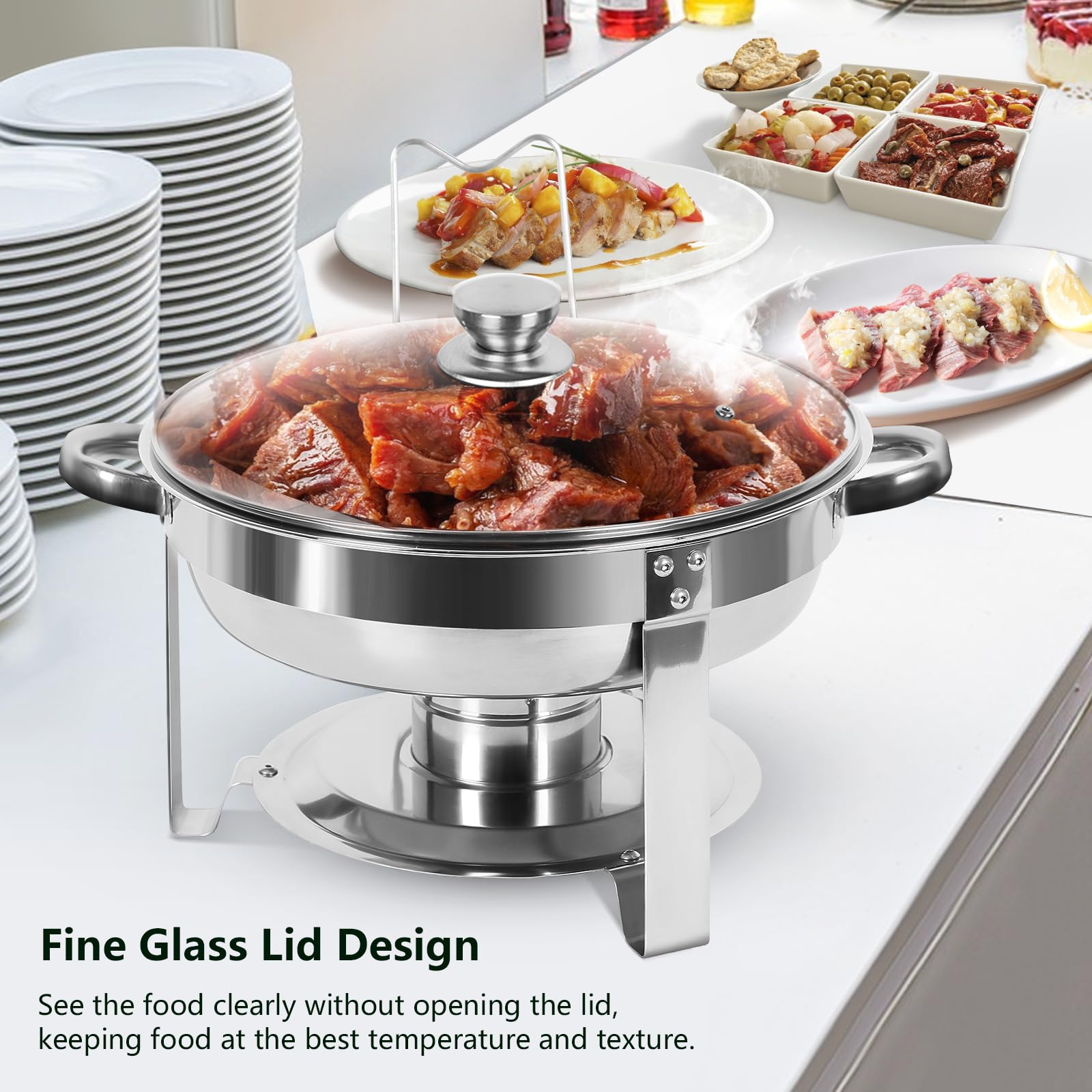 IMACONE Chafing Dish Buffet Set of 2, 5QT Round Stainless Steel Chafer for Catering, Upgraded Chafers and Buffet Warmer Sets with Glass Lid & Holder, Frame, Fuel Holder for Event Party Wedding Holiday