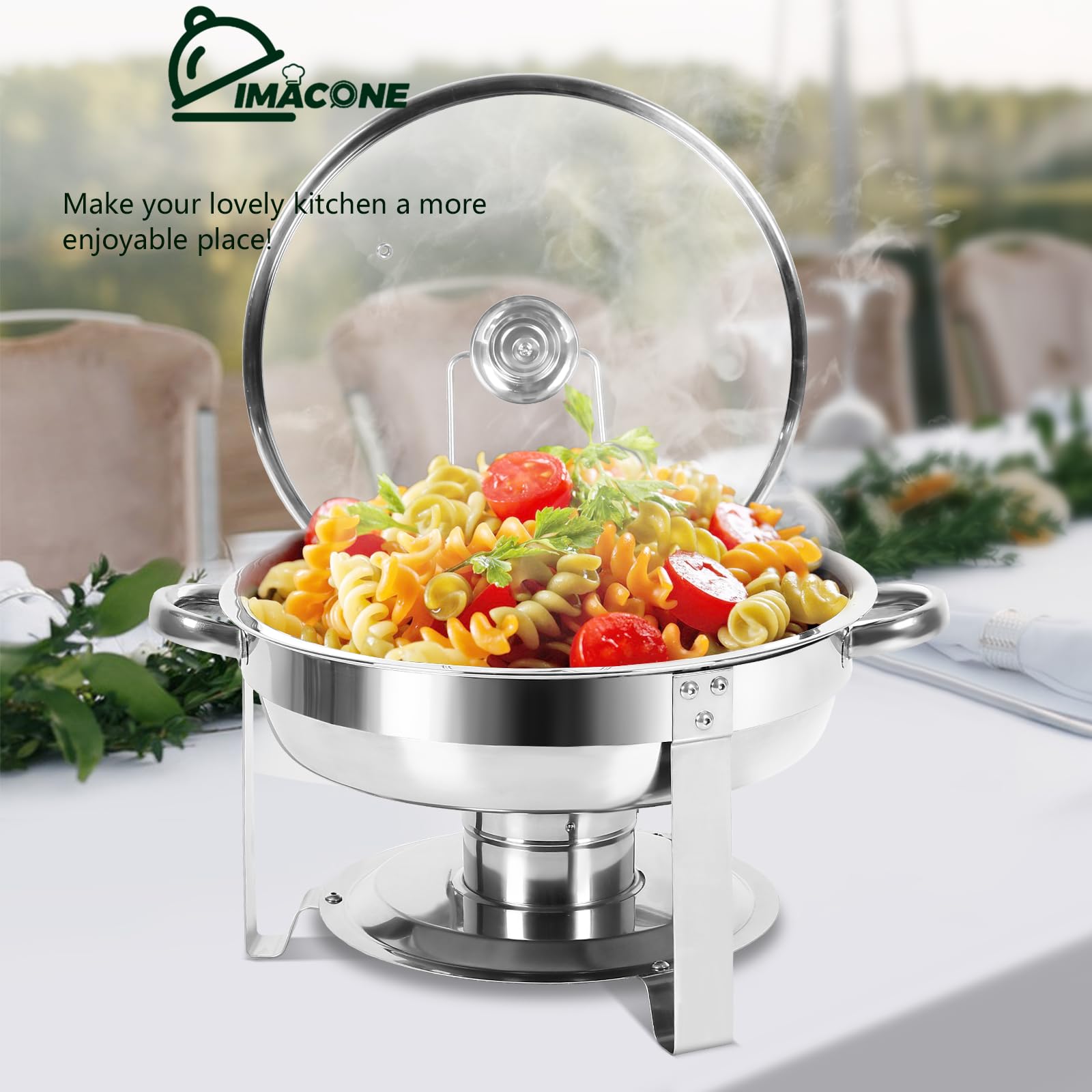 IMACONE Chafing Dish Buffet Set of 2, 5QT Round Stainless Steel Chafer for Catering, Upgraded Chafers and Buffet Warmer Sets with Glass Lid & Holder, Frame, Fuel Holder for Event Party Wedding Holiday