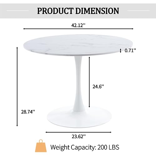 ANDORON Round Dining Table, 32 Inches Kitchen Tulip Table for 2-4 People with MDF Top and Metal Base, Modern Small Space Room Circle Table, End Table Leisure Coffee Side Table (White, 42" - Marble)