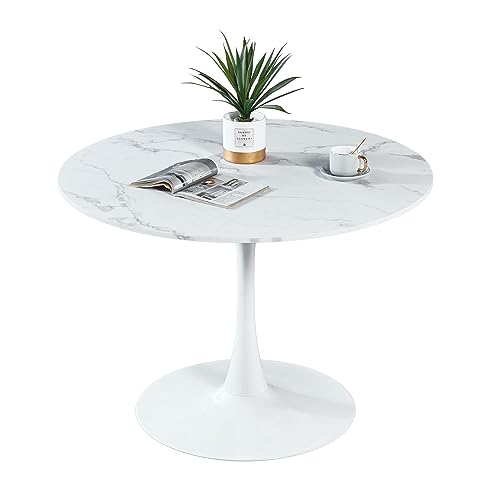 ANDORON Round Dining Table, 32 Inches Kitchen Tulip Table for 2-4 People with MDF Top and Metal Base, Modern Small Space Room Circle Table, End Table Leisure Coffee Side Table (White, 42" - Marble)