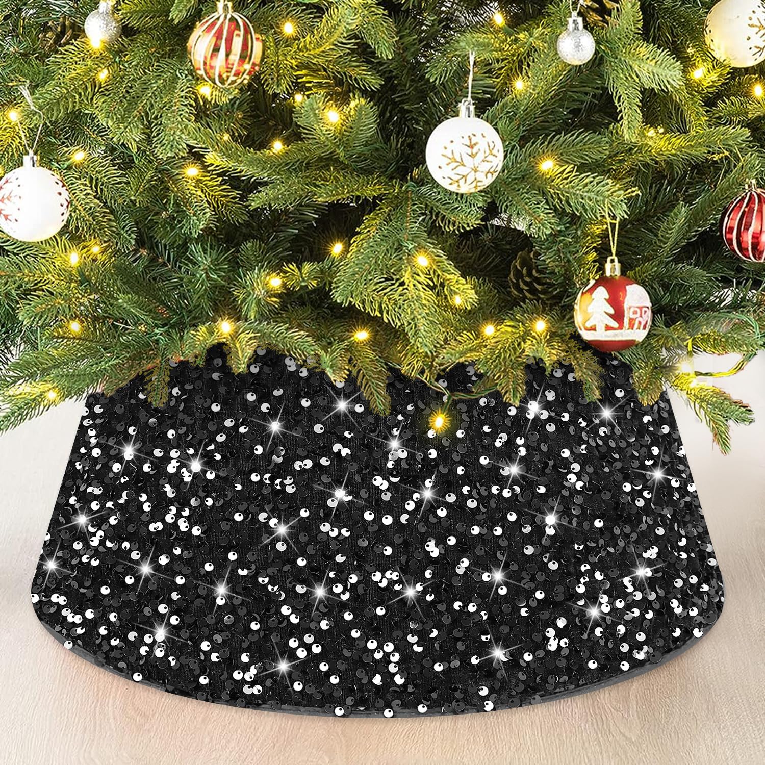 FANPROMS Black Christmas Tree Collar 23.6 Inches Diameter Base Glittery Sequins Xmas Tree Ring for Rustic Artificial Tree Skirt Woven Tree Bark Collar Thick Velvet Tree Cover Supply