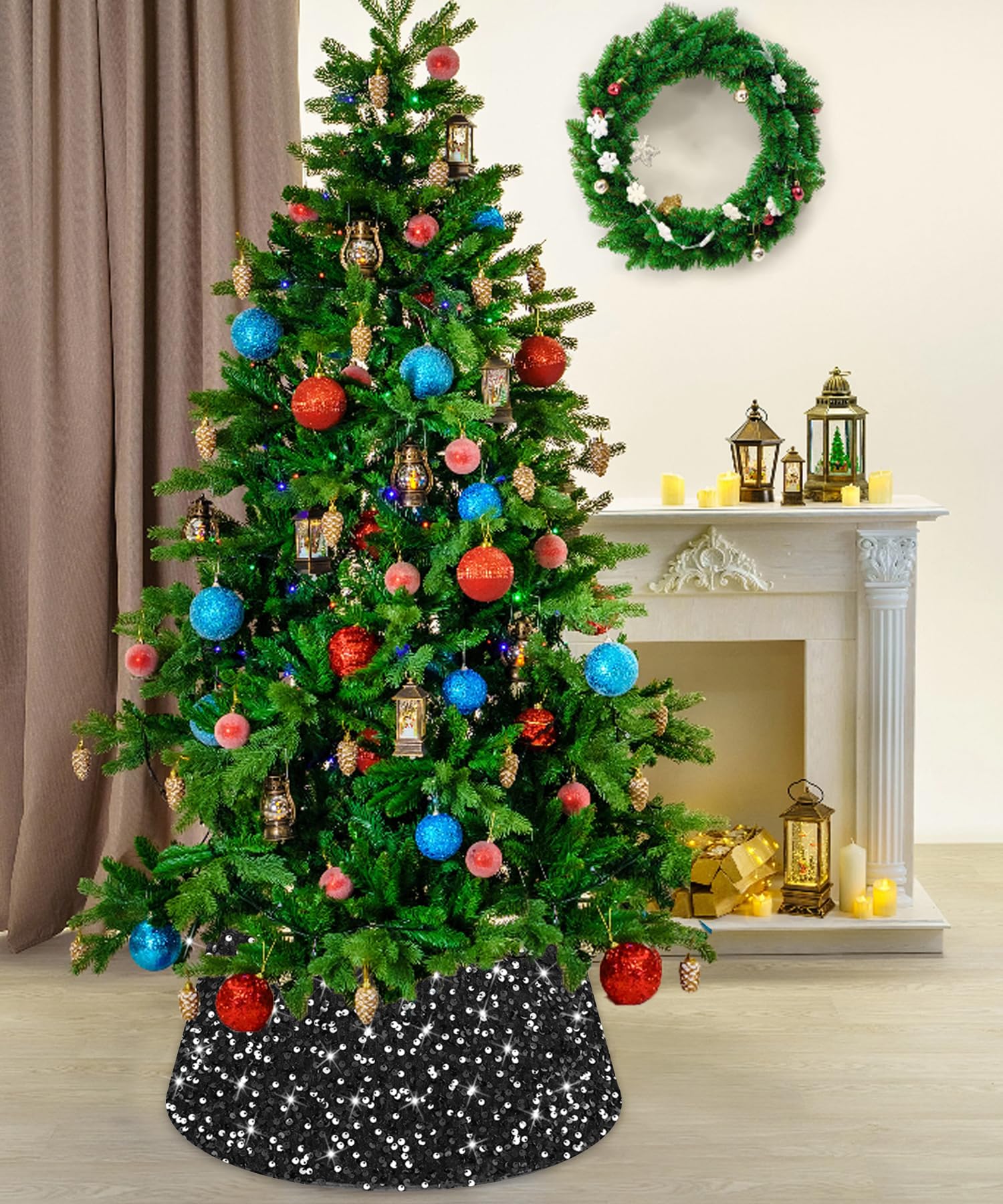FANPROMS Black Christmas Tree Collar 23.6 Inches Diameter Base Glittery Sequins Xmas Tree Ring for Rustic Artificial Tree Skirt Woven Tree Bark Collar Thick Velvet Tree Cover Supply