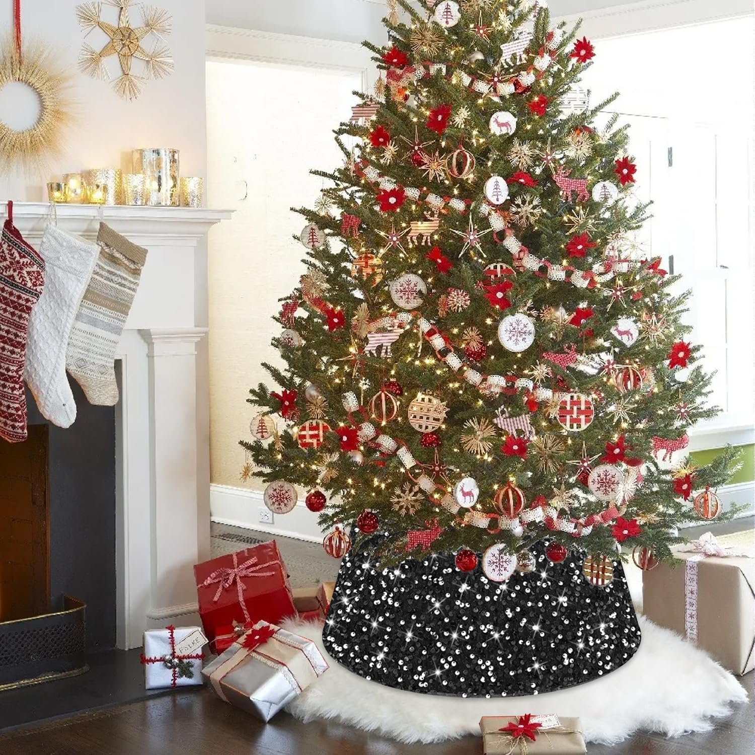 FANPROMS Black Christmas Tree Collar 23.6 Inches Diameter Base Glittery Sequins Xmas Tree Ring for Rustic Artificial Tree Skirt Woven Tree Bark Collar Thick Velvet Tree Cover Supply