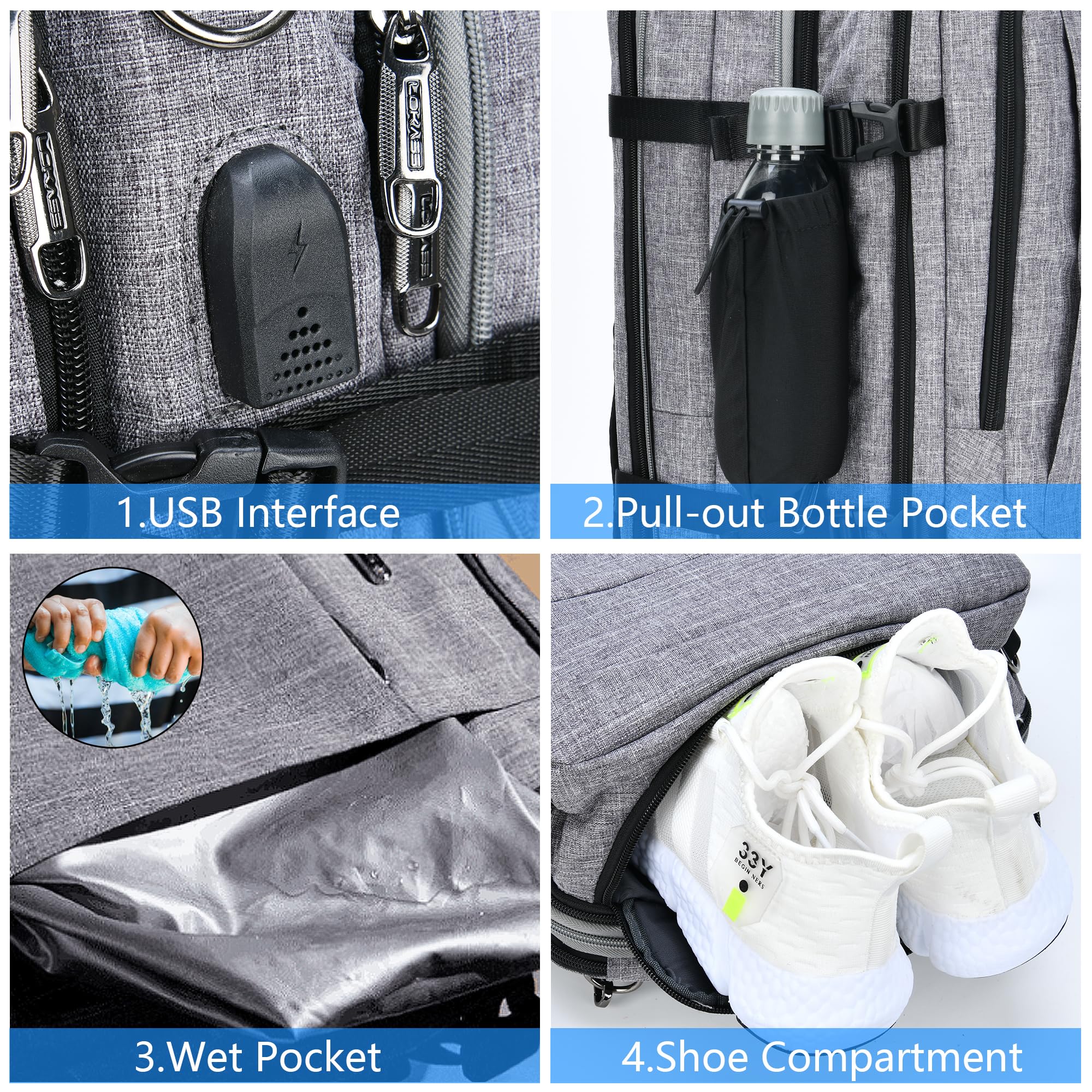 LOKASS 55L Travel Backpack All in One Carry on Backpack/Handbag/Shoulder bag, Flight Approved Travel Essentials Luggage Bag for Business Trip Travel, with Removable Toiletries Display Bag