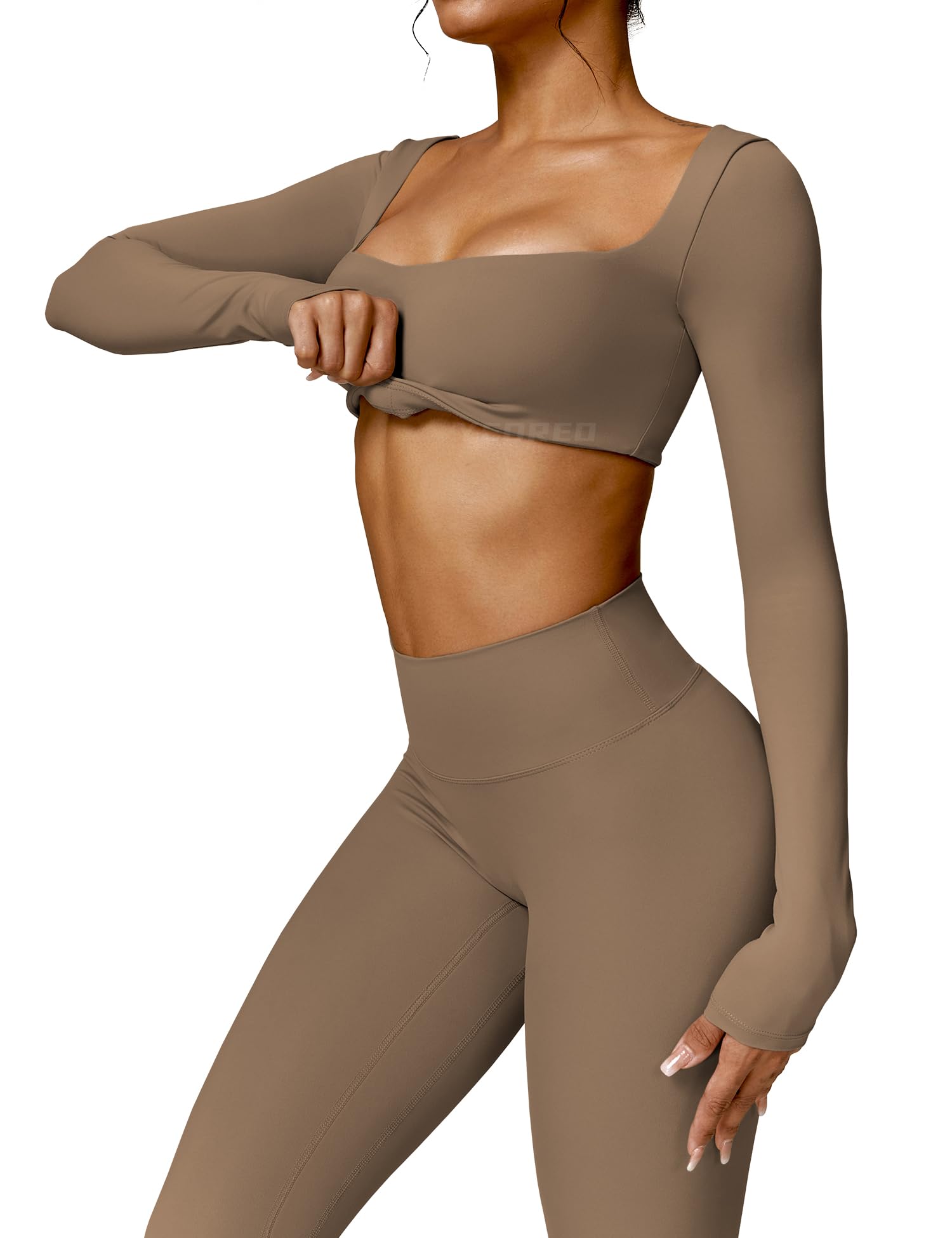 YEOREO Kyla Women Crop Top Long Sleeve Padded Sports Low Medium Impact Yoga Shirt Workout Brown