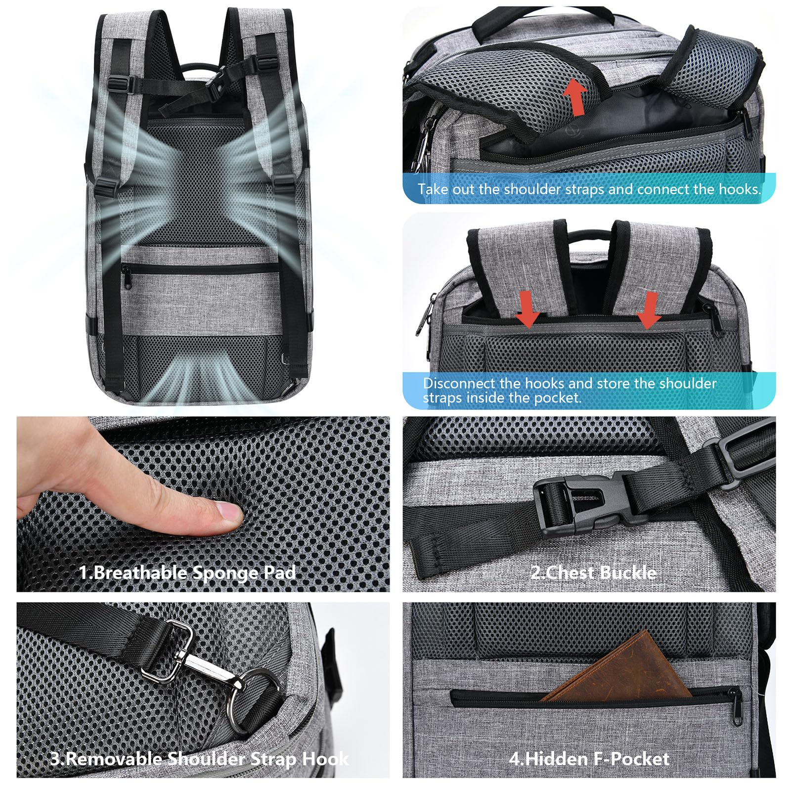 LOKASS 55L Travel Backpack All in One Carry on Backpack/Handbag/Shoulder bag, Flight Approved Travel Essentials Luggage Bag for Business Trip Travel, with Removable Toiletries Display Bag