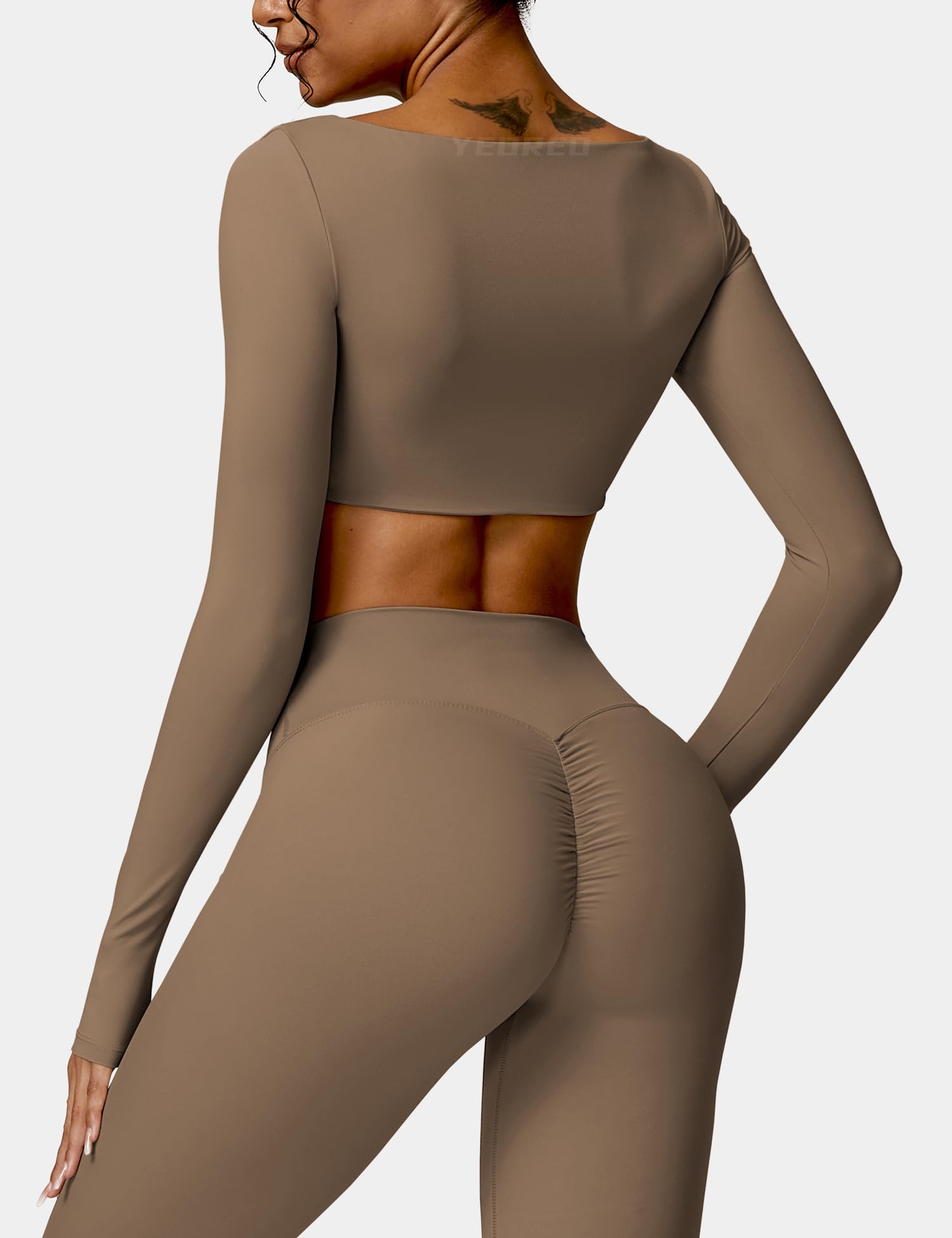 YEOREO Kyla Women Crop Top Long Sleeve Padded Sports Low Medium Impact Yoga Shirt Workout Brown