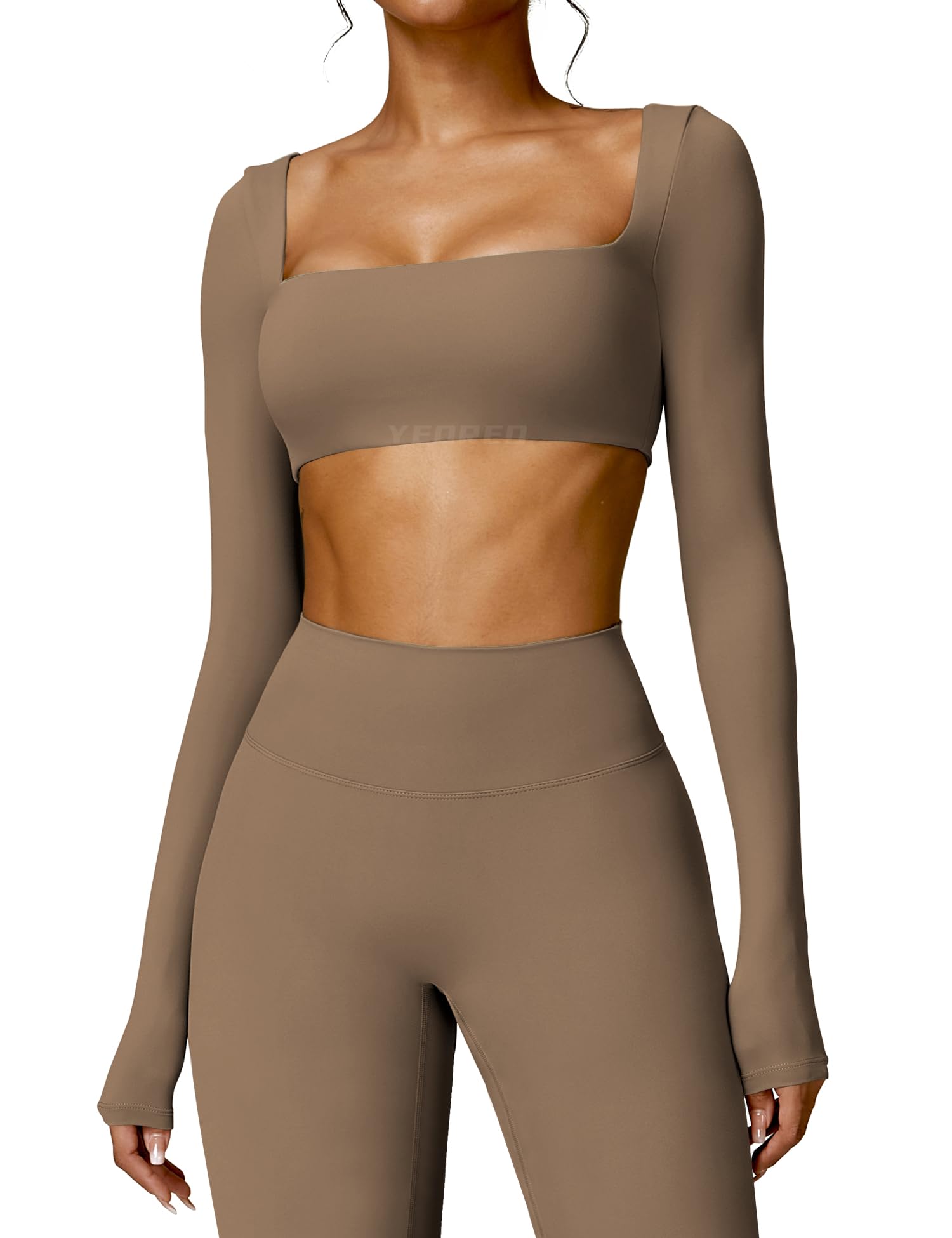 YEOREO Kyla Women Crop Top Long Sleeve Padded Sports Low Medium Impact Yoga Shirt Workout Brown