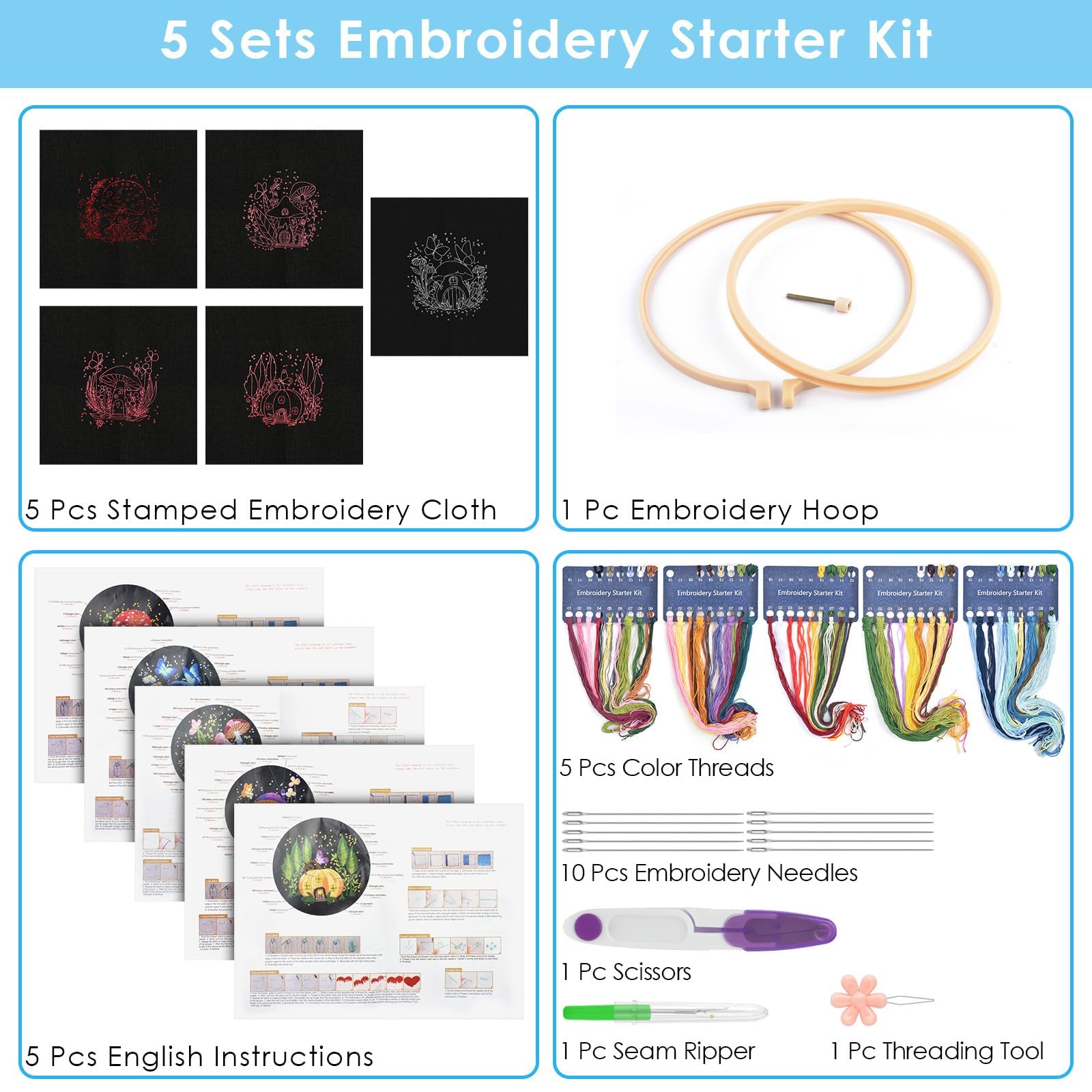 ERKOON 5 Sets Embroidery Kit for Beginners, Art Craft Handy Sewing Set Mushroom Cross Stitch Starter Kits, DIY Embroidery Kits with Patterns and Instructions Hoops Needles Threads