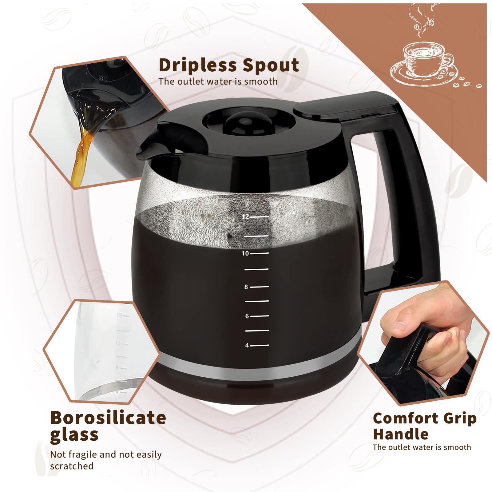12-Cup Replacement Glass Carafe with Lids Compatible with Cuisinart Coffee Maker, CHW-12, CHW-12P1, DCC-1100BK, DCC-1200, DCC-1200P1, DCC-1200BKS, DCC-1200BMR, DCC-2650, DGB-550BK, DGB-625BC, SS-12
