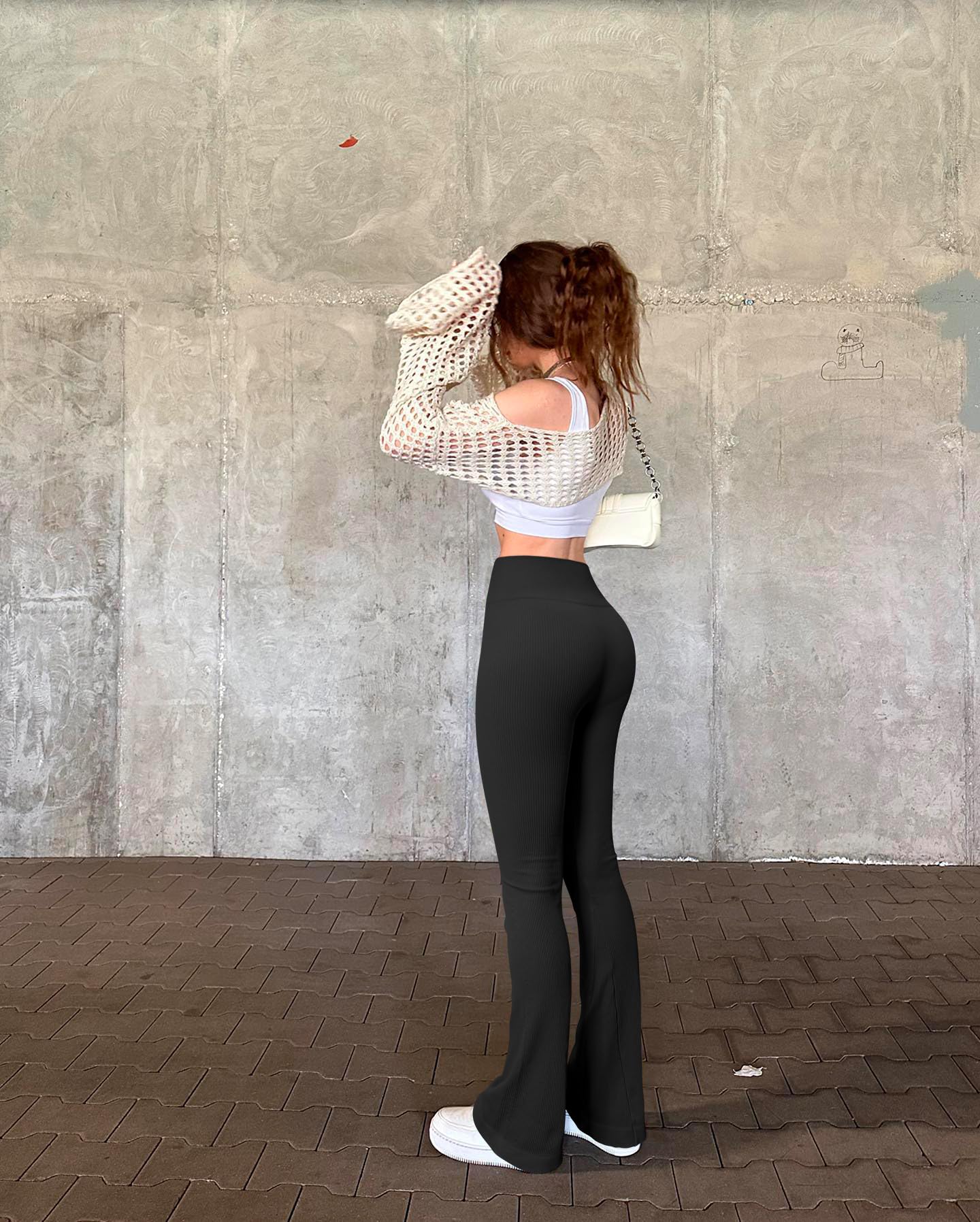 OQQ Women's 2 Piece Yoga Pants Ribbed Seamless Workout High Waist Bell Bottoms Flare Leggings Black Tea Leaf