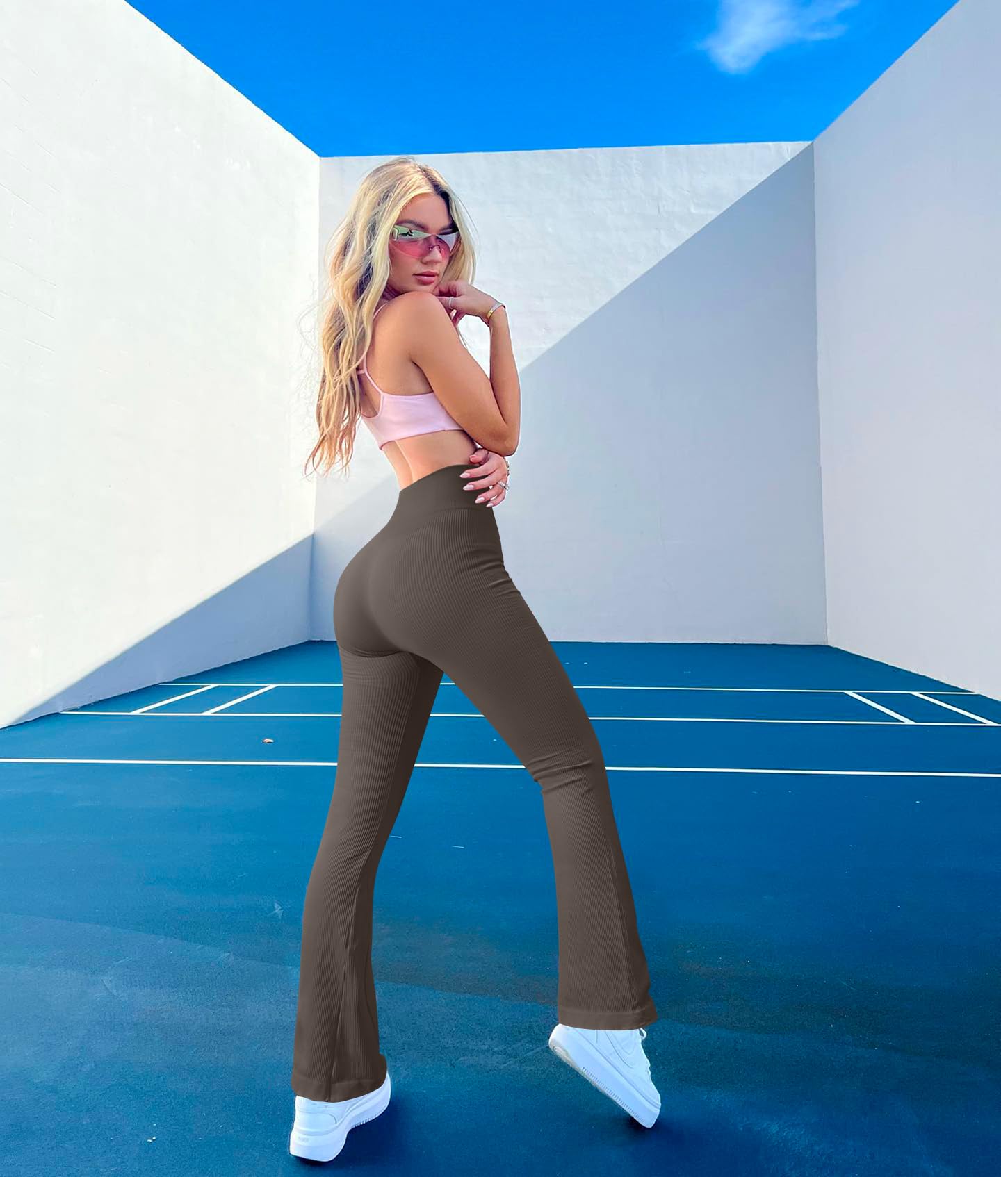 OQQ Women's 2 Piece Yoga Pants Ribbed Seamless Workout High Waist Bell Bottoms Flare Leggings Black Tea Leaf