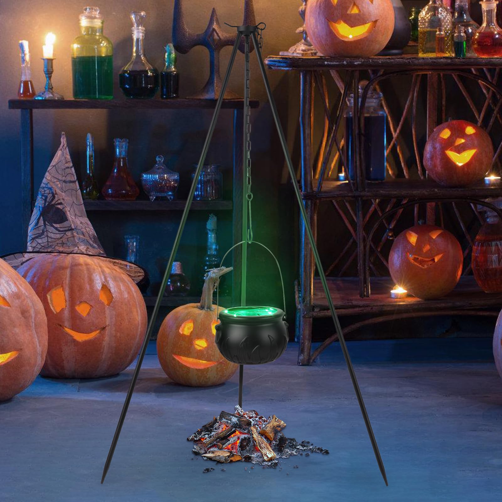 Halloween Decorations Outdoor Witches Cauldron on Tripod with String Lights and Scary Skeleton, Black Plastic Bowl Halloween Candy Bucket for Halloween Home Porch Yard Indoor Outdoor Decoration