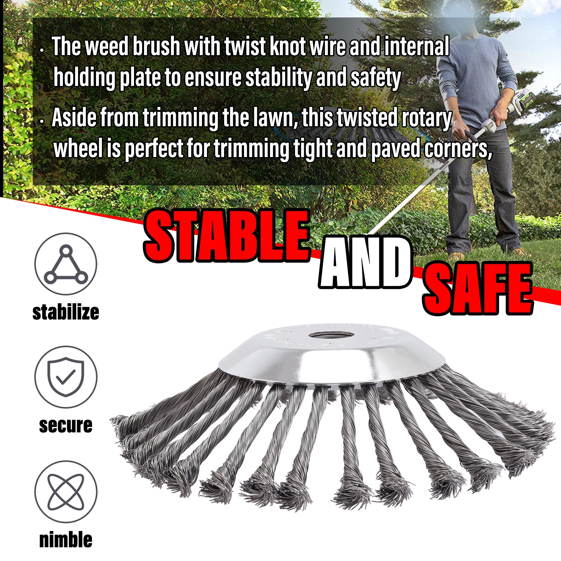 PLAXNS 10 Inch Rotary Steel Wire Brush Cutter Trimmer Head Weed Blade Cutter with Adapter Kit Compatible with Stihl, Husqvarna,String Trimmers, Gardening Lawnmower, Moss Grass Rust Removal