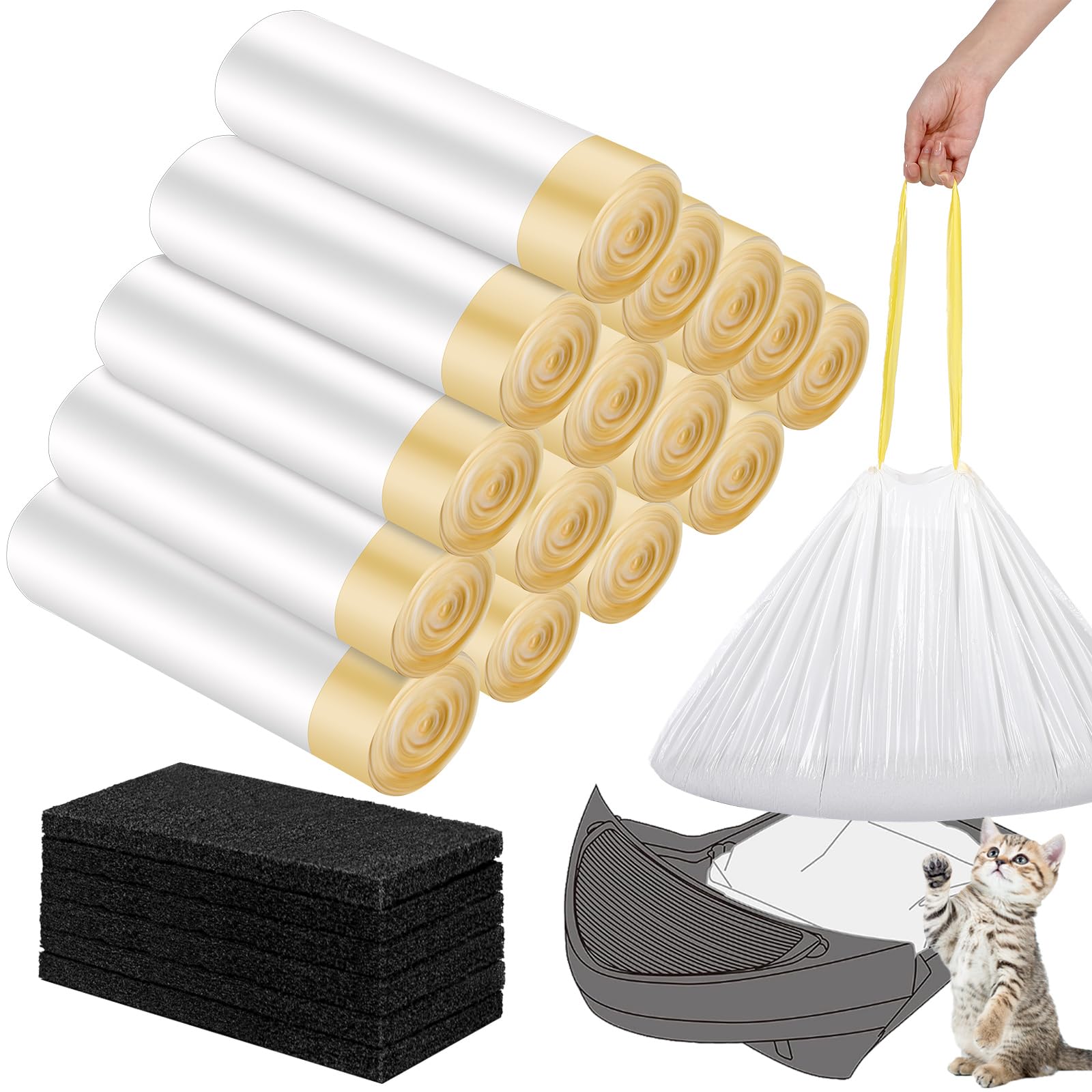 Tenceur 150Pcs Cat Litter Box Liners Waste Drawer Liners and 6 Pcs Carbon Filter, Replacement Liner Bags 9-11 Gallons Cat Liner Bags with Drawstring Compatible with Litter-Robot 3 for Cat Odors Absorb