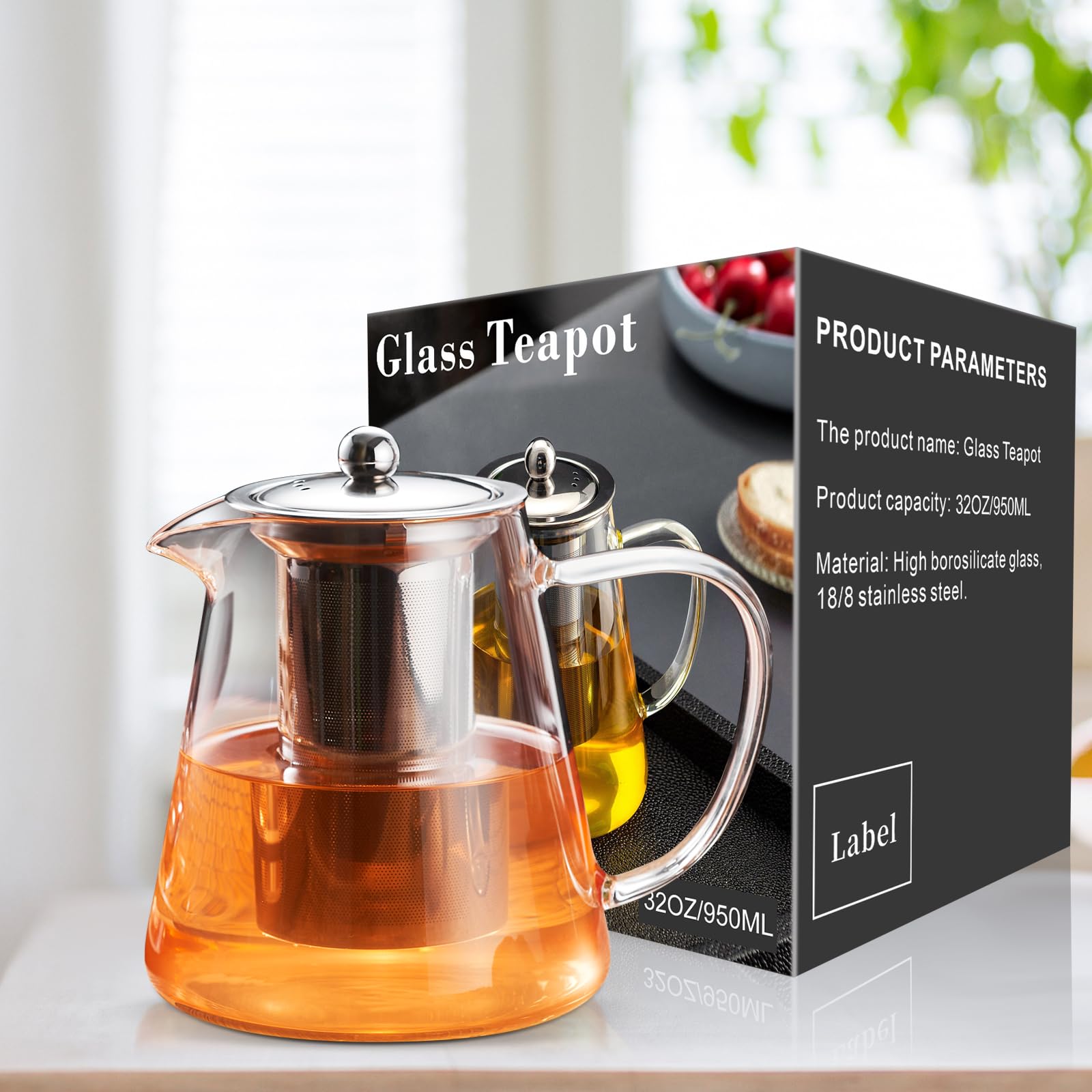 PARACITY Glass Teapot Stovetop 32 OZ, Borosilicate Clear Tea Kettle with Removable 18/8 Stainless Steel Infuser, Teapot Blooming and Loose Leaf Tea Maker Tea Brewer for Camping, Travel (950ML)