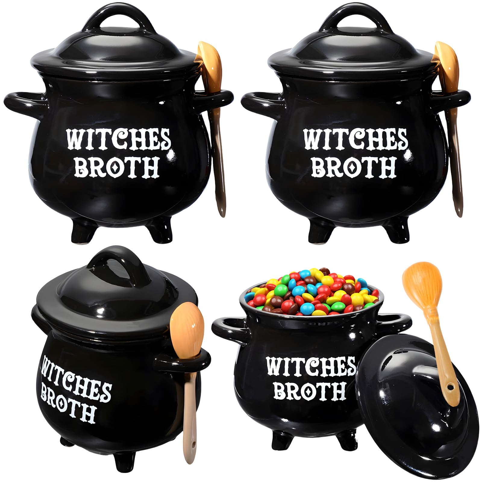Bokon 4 Sets Witches Broth Cauldron with Broom Spoon 22 oz Ceramic Bowl Cauldron Pot for Soup Serving Halloween Kitchen Decorations