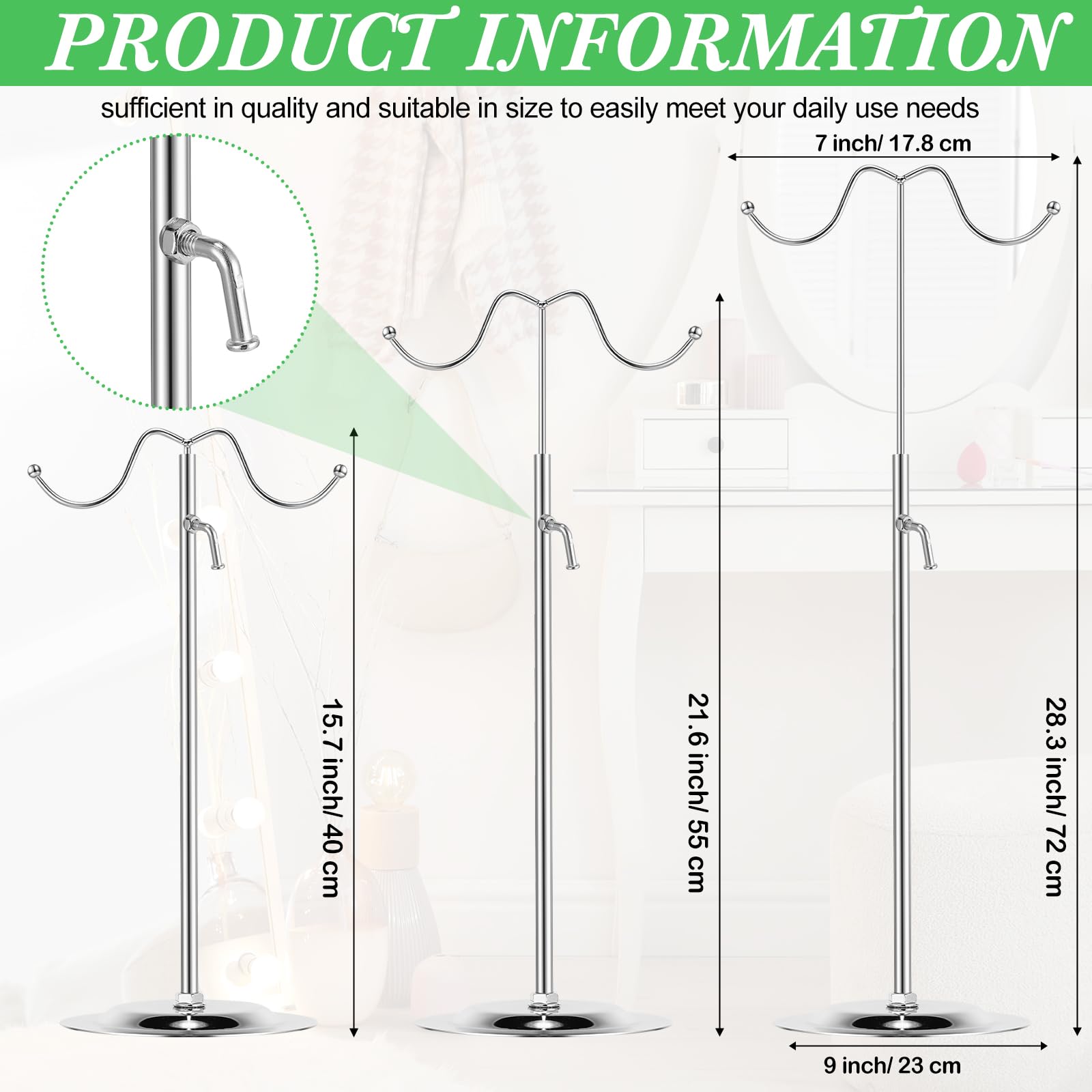 Nuenen 4 Pcs Double Hook Purse Display Stand Adjustable Stainless Steel Handbag Display Stand Metal Freestanding Bag Stand Holder for Purse Hat Wig Handbag