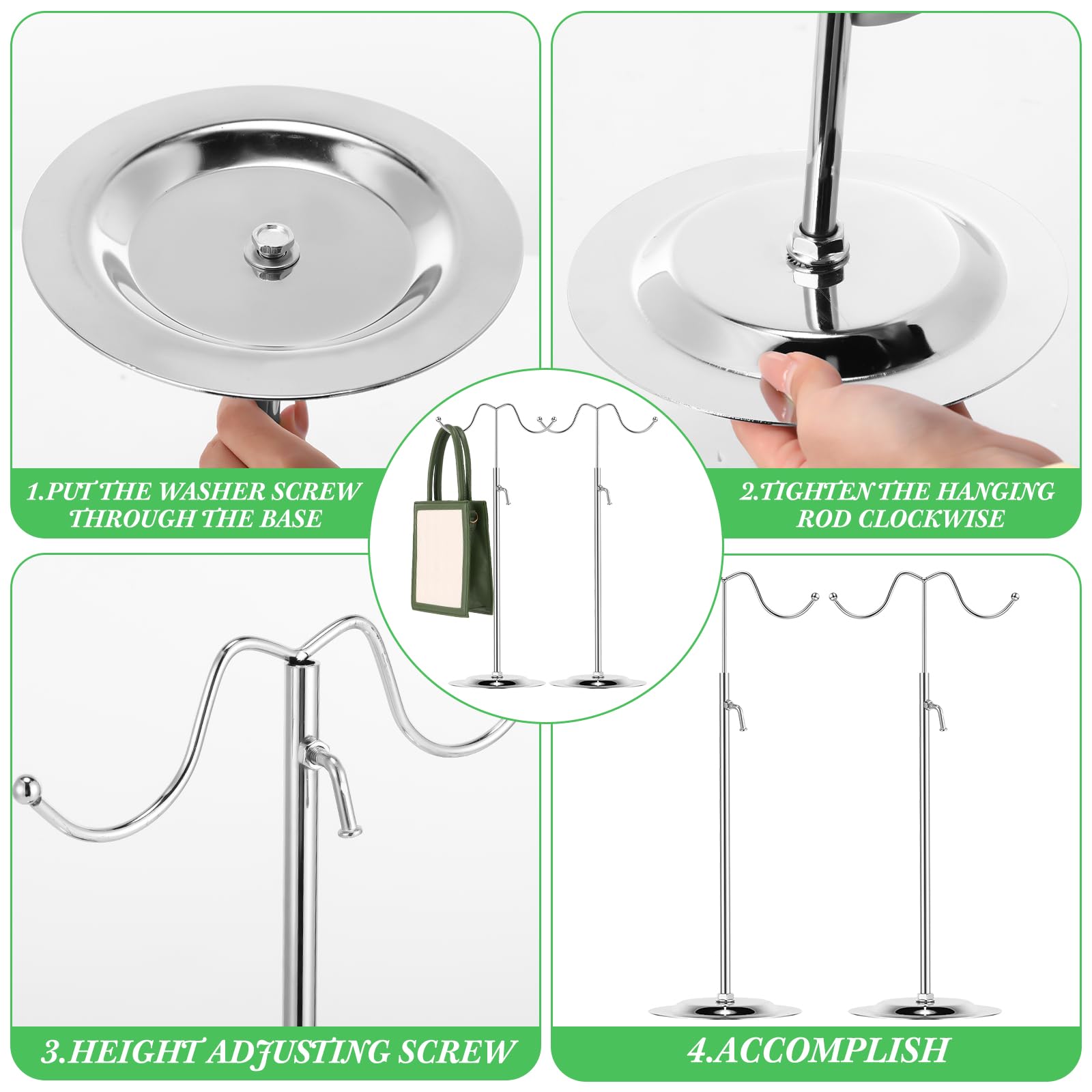 Nuenen 4 Pcs Double Hook Purse Display Stand Adjustable Stainless Steel Handbag Display Stand Metal Freestanding Bag Stand Holder for Purse Hat Wig Handbag
