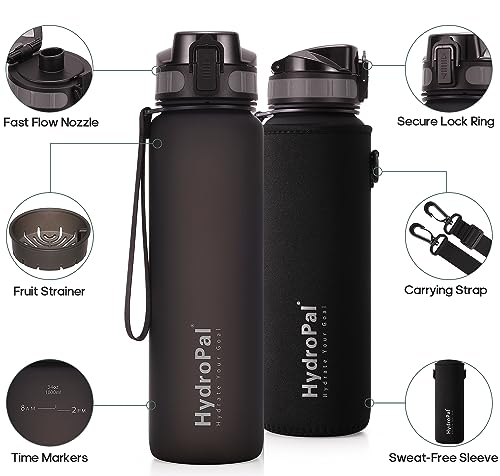 Unistar Water Bottle with Time Marker -Large 34 oz Tritan Bottle & No Sweat Sleeve -Leak Proof Gym Sports Bottle with Fruit Infuser Strainer & Carrying Strap - Gift Package for Christmas