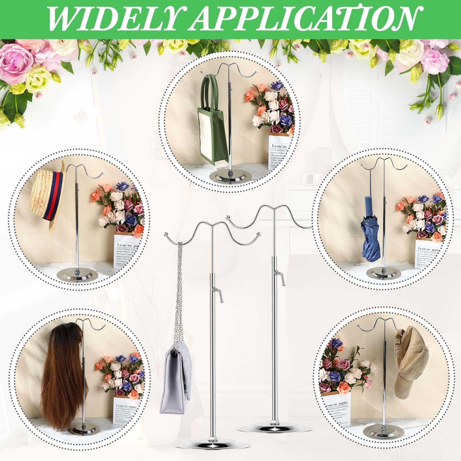 Nuenen 4 Pcs Double Hook Purse Display Stand Adjustable Stainless Steel Handbag Display Stand Metal Freestanding Bag Stand Holder for Purse Hat Wig Handbag