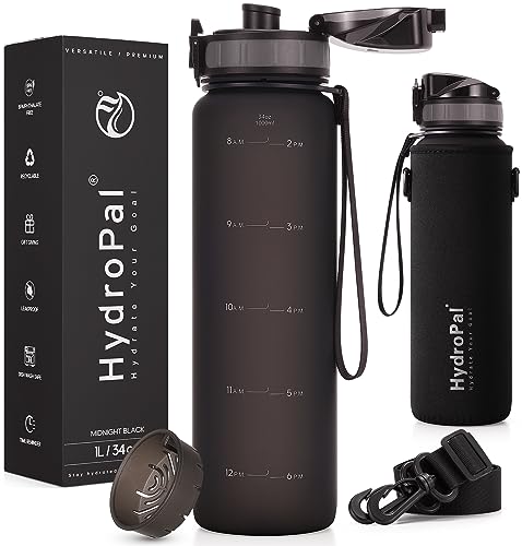 Unistar Water Bottle with Time Marker -Large 34 oz Tritan Bottle & No Sweat Sleeve -Leak Proof Gym Sports Bottle with Fruit Infuser Strainer & Carrying Strap - Gift Package for Christmas