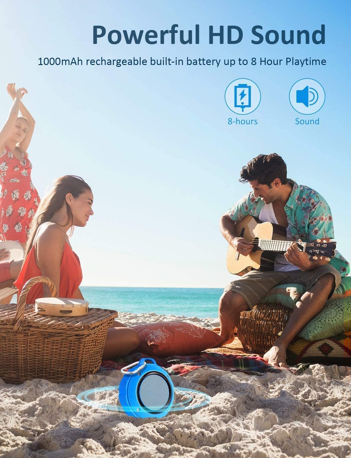 Kunodi Outdoor Waterproof Bluetooth Speaker, Wireless Portable Mini Shower Travel Speaker with Subwoofer, Enhanced Bass, Built in Mic for Sports, Pool, Beach, Hiking, Camping