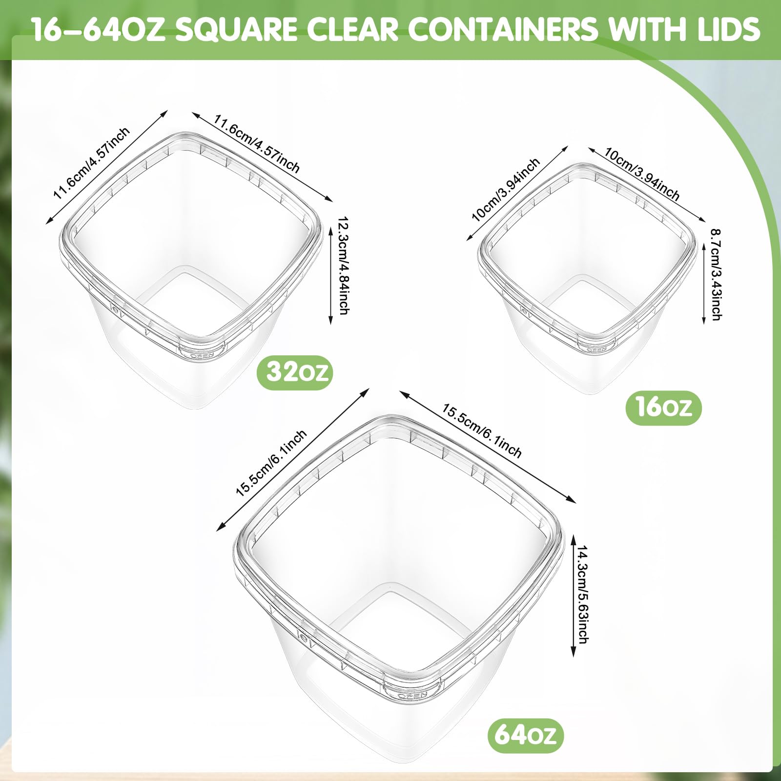 Sliner 60 Sets Square Deli Containers with Lids Clear Food Storage Containers Plastic Freezer Microwaveable Safe Deli Cups Leak Proof Airtight Meat for Restaurant(64oz, 32oz, 16oz)