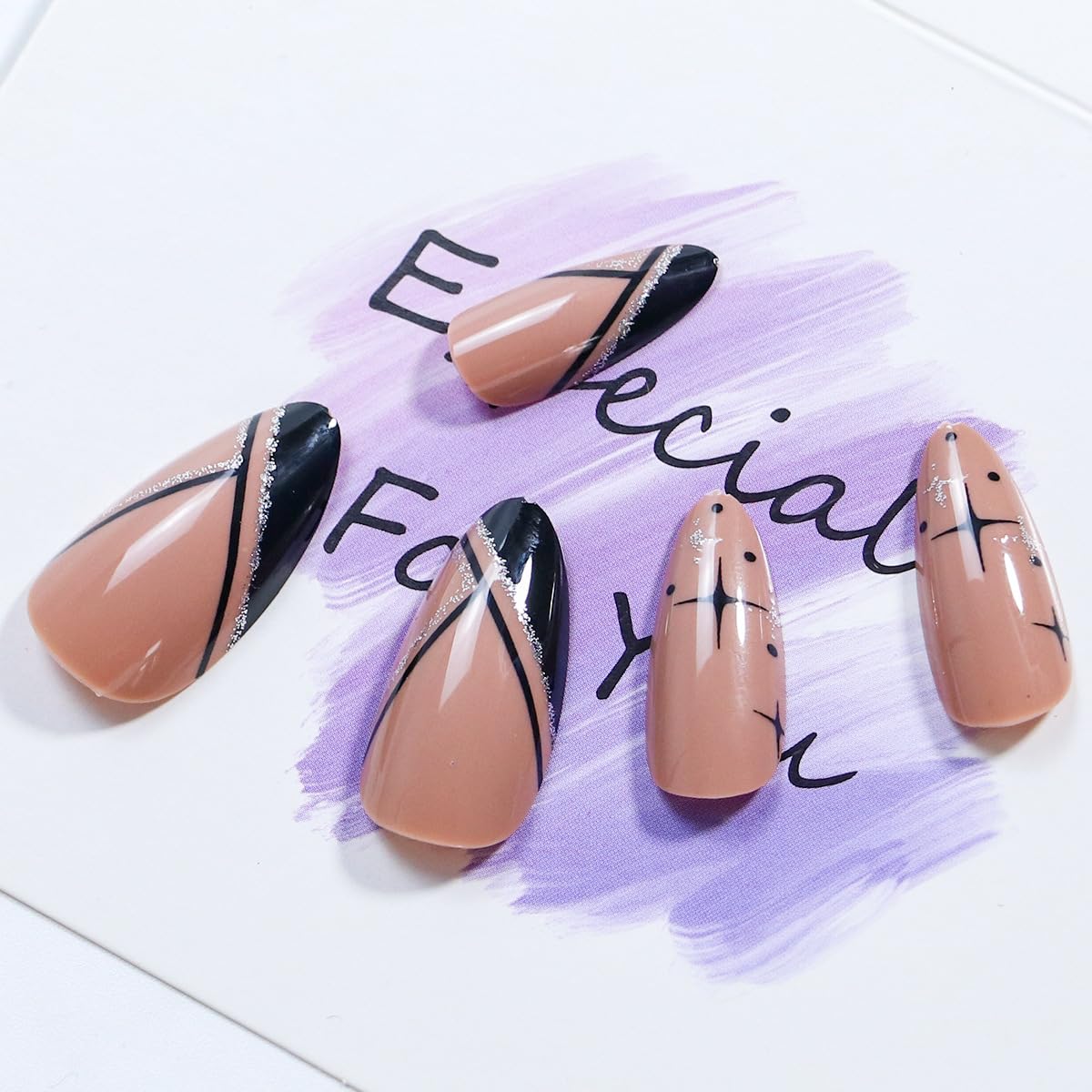 24 PCS French Tip Press on Nails Medium Almond Shape False Nails Gold Glitter Full Cover False Nails with Black Gold Line Star Design Artificial Fingernails for Women Girls Acrylic Manicure Decoration