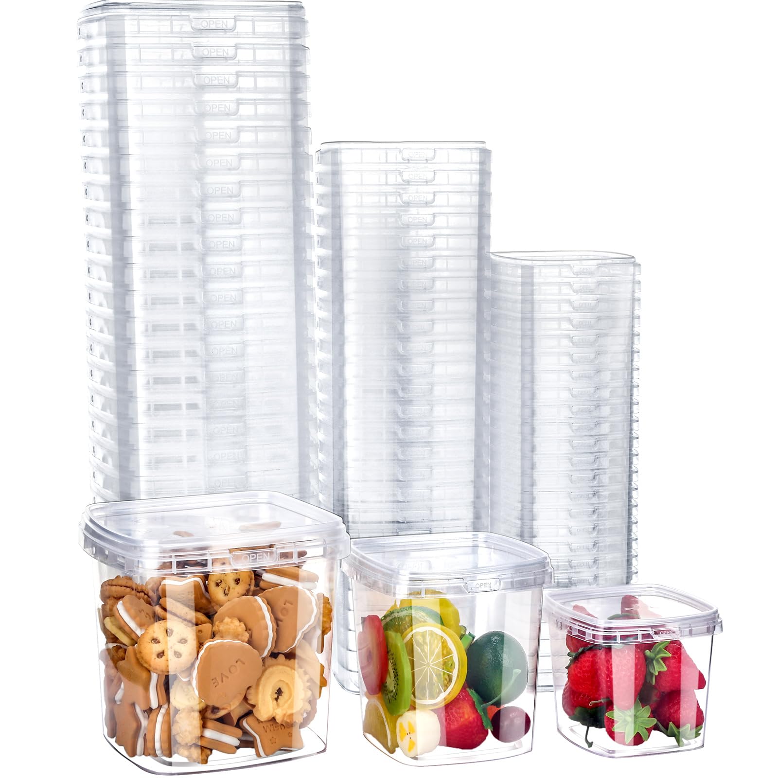 Sliner 60 Sets Square Deli Containers with Lids Clear Food Storage Containers Plastic Freezer Microwaveable Safe Deli Cups Leak Proof Airtight Meat for Restaurant(64oz, 32oz, 16oz)