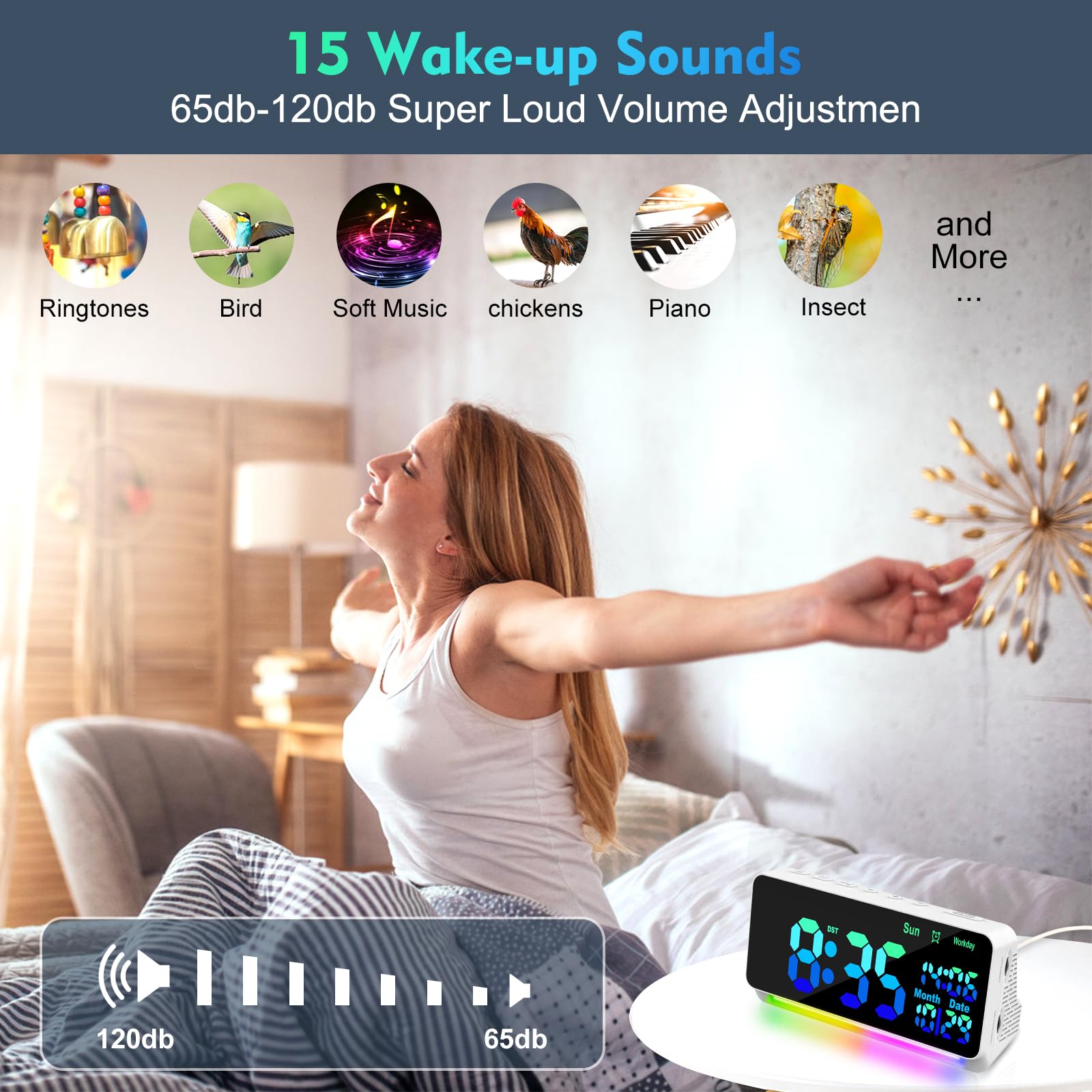 [120db Super Loud] Alarm Clocks for Bedrooms, 15 Wake Up Sounds, 7 Color Night Light, Dynamic RGB Color Changing, 0-100% Dimmer, Snooze, Large LED Display, Digital Clock for Heavy Sleepers Adults