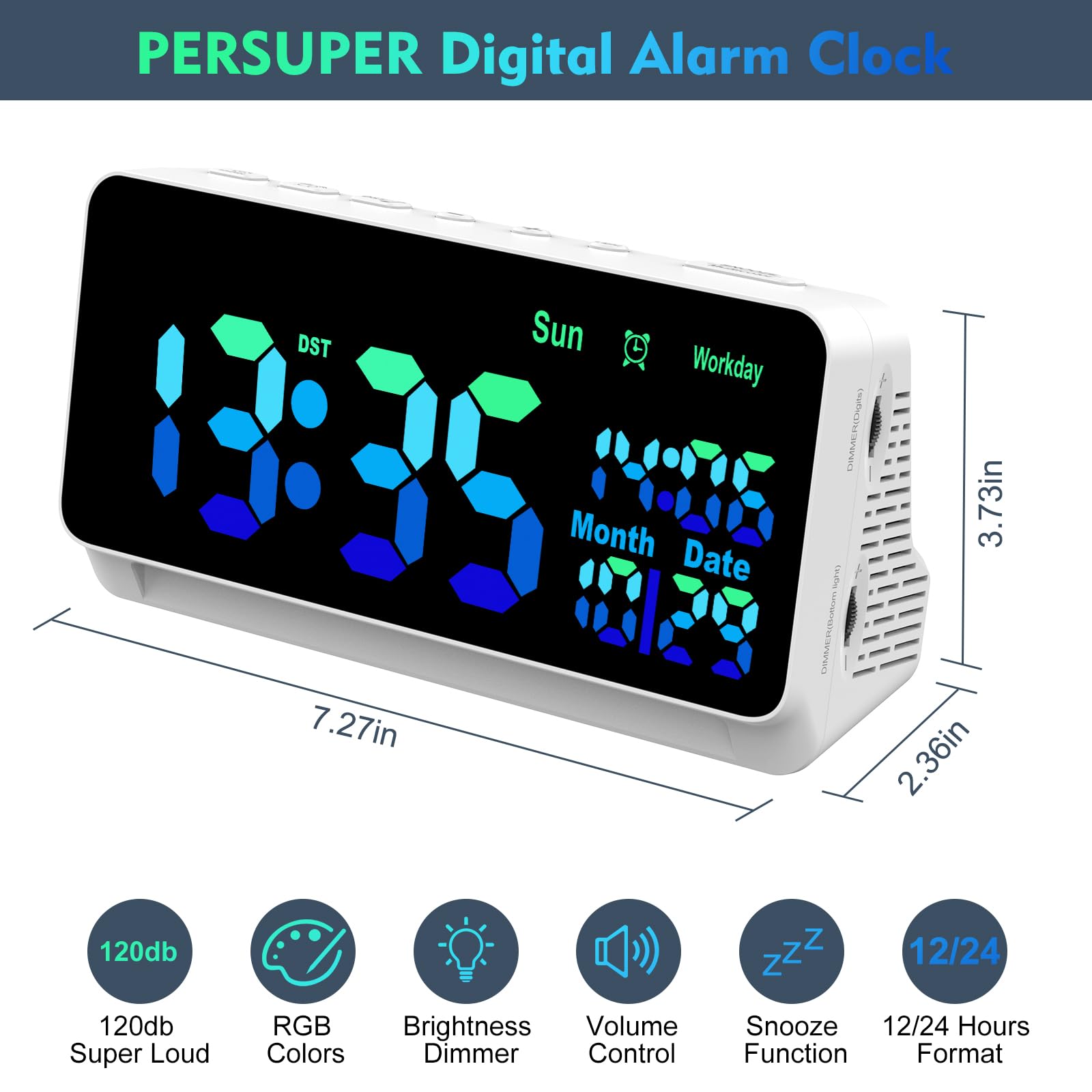 [120db Super Loud] Alarm Clocks for Bedrooms, 15 Wake Up Sounds, 7 Color Night Light, Dynamic RGB Color Changing, 0-100% Dimmer, Snooze, Large LED Display, Digital Clock for Heavy Sleepers Adults