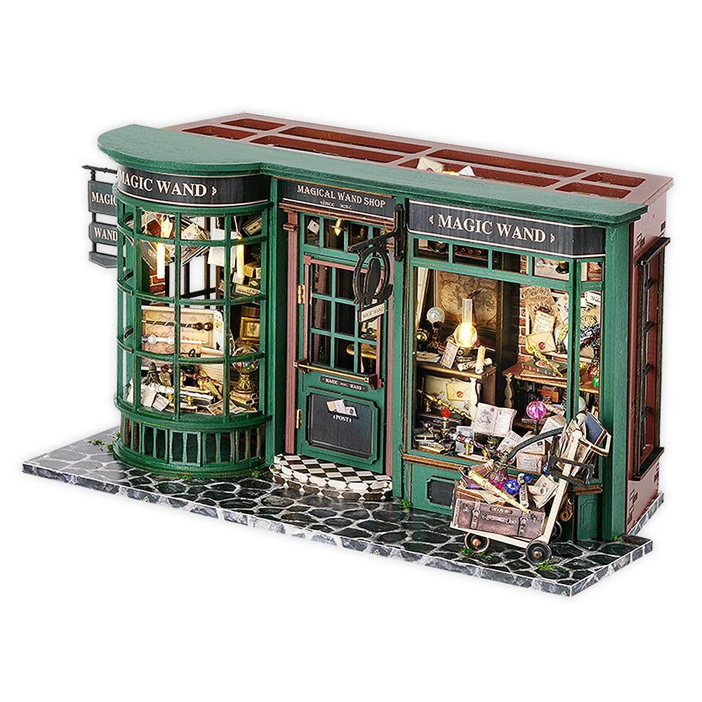 TuKIIE DIY Miniature Dollhouse Kit with Furniture, 1:24 Scale Creative Room Opened & Closed Movie Inspired Wooden Doll House Plus Dust Proof for Kids Teens Adults(Magical Wand Shop)