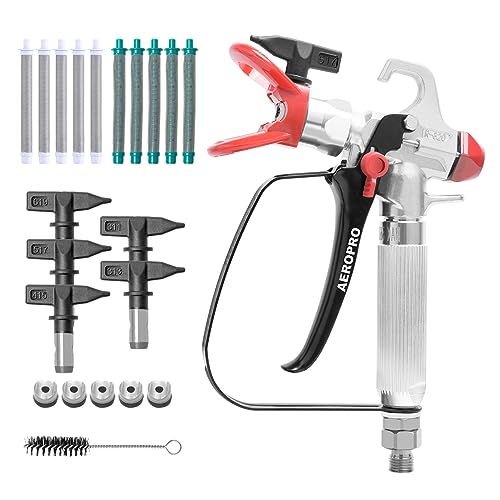 AEROPRO Tools Airless Paint Sprayer Gun with 5 Spray Tips & 10 Filters,3600PSI High Pressure Swivel Joint Airless Spray Gun kit for Home,Interior and Exterior Walls,Doors,Fences (Silver)