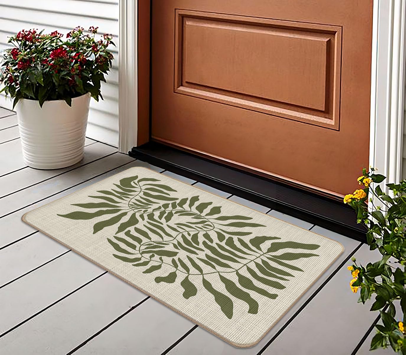 Lacosu Boho Door Mat,Summer Olive Green Botanical Leaf Front Door Mat Indoor Outdoor Entrance,Summer Boho Botanical Decor,Mid Century Modern Decor,17"X30"