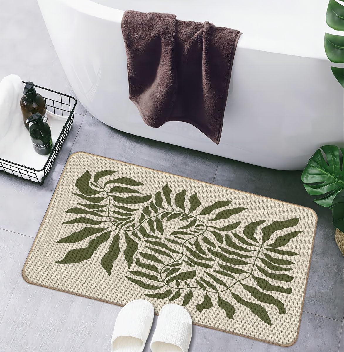 Lacosu Boho Door Mat,Summer Olive Green Botanical Leaf Front Door Mat Indoor Outdoor Entrance,Summer Boho Botanical Decor,Mid Century Modern Decor,17"X30"