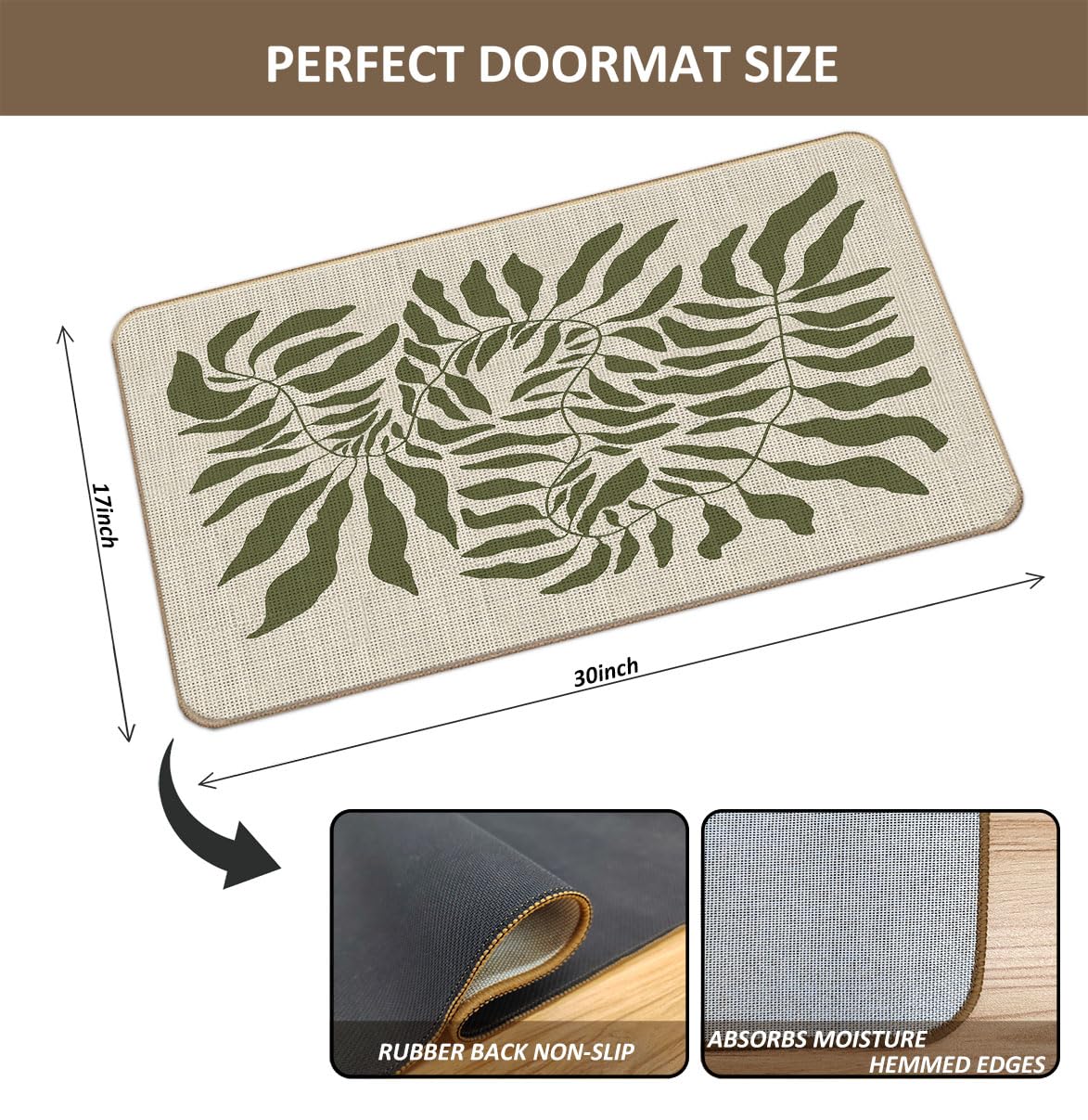 Lacosu Boho Door Mat,Summer Olive Green Botanical Leaf Front Door Mat Indoor Outdoor Entrance,Summer Boho Botanical Decor,Mid Century Modern Decor,17"X30"