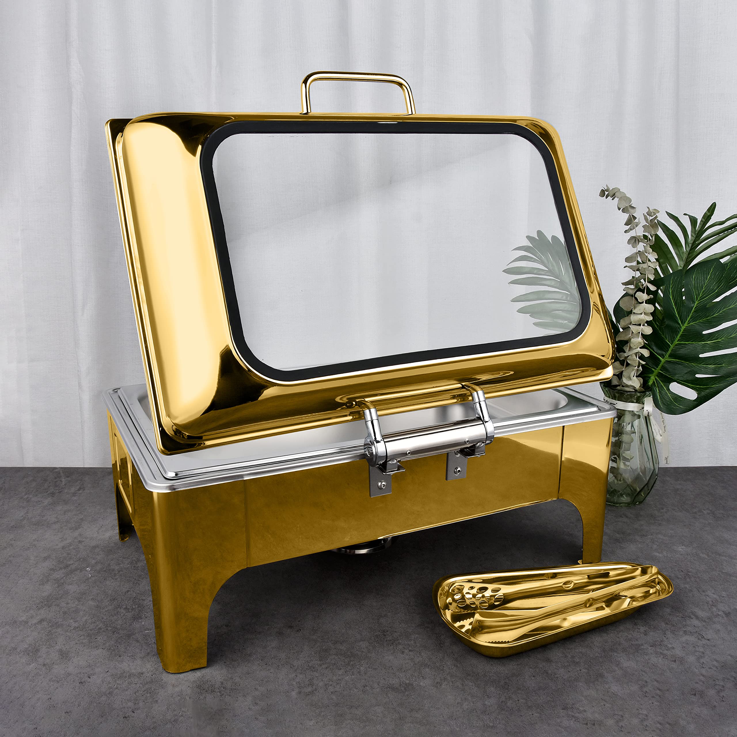 HONHPD Alcohol Chafing Dish, 9QT Rectangular Full Size Chafing Dish Buffet Set with Transparent Glass Lid Top, Soft-Close Lid, Chafer for Catering Buffet Servers and Warmers (Golden)