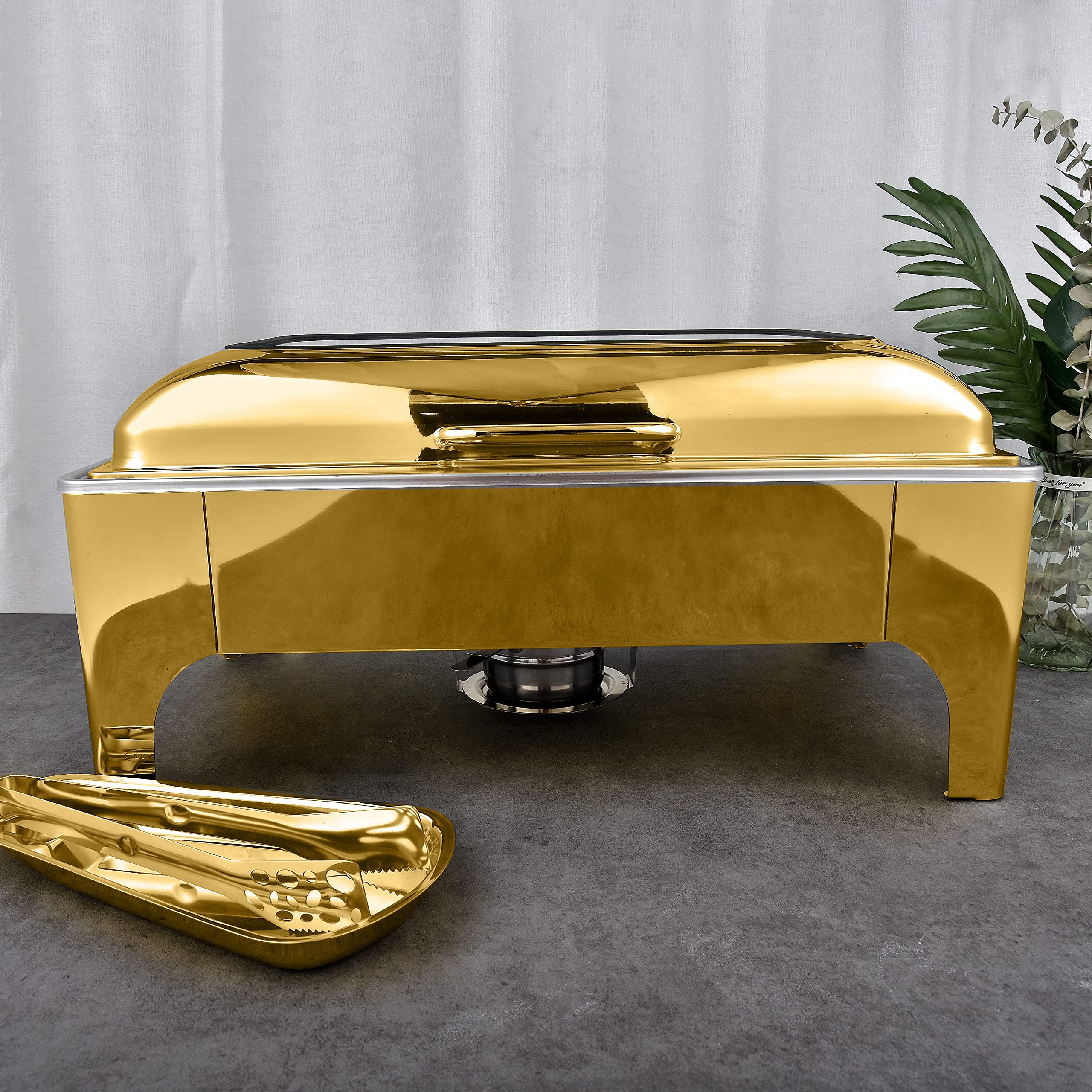 HONHPD Alcohol Chafing Dish, 9QT Rectangular Full Size Chafing Dish Buffet Set with Transparent Glass Lid Top, Soft-Close Lid, Chafer for Catering Buffet Servers and Warmers (Golden)