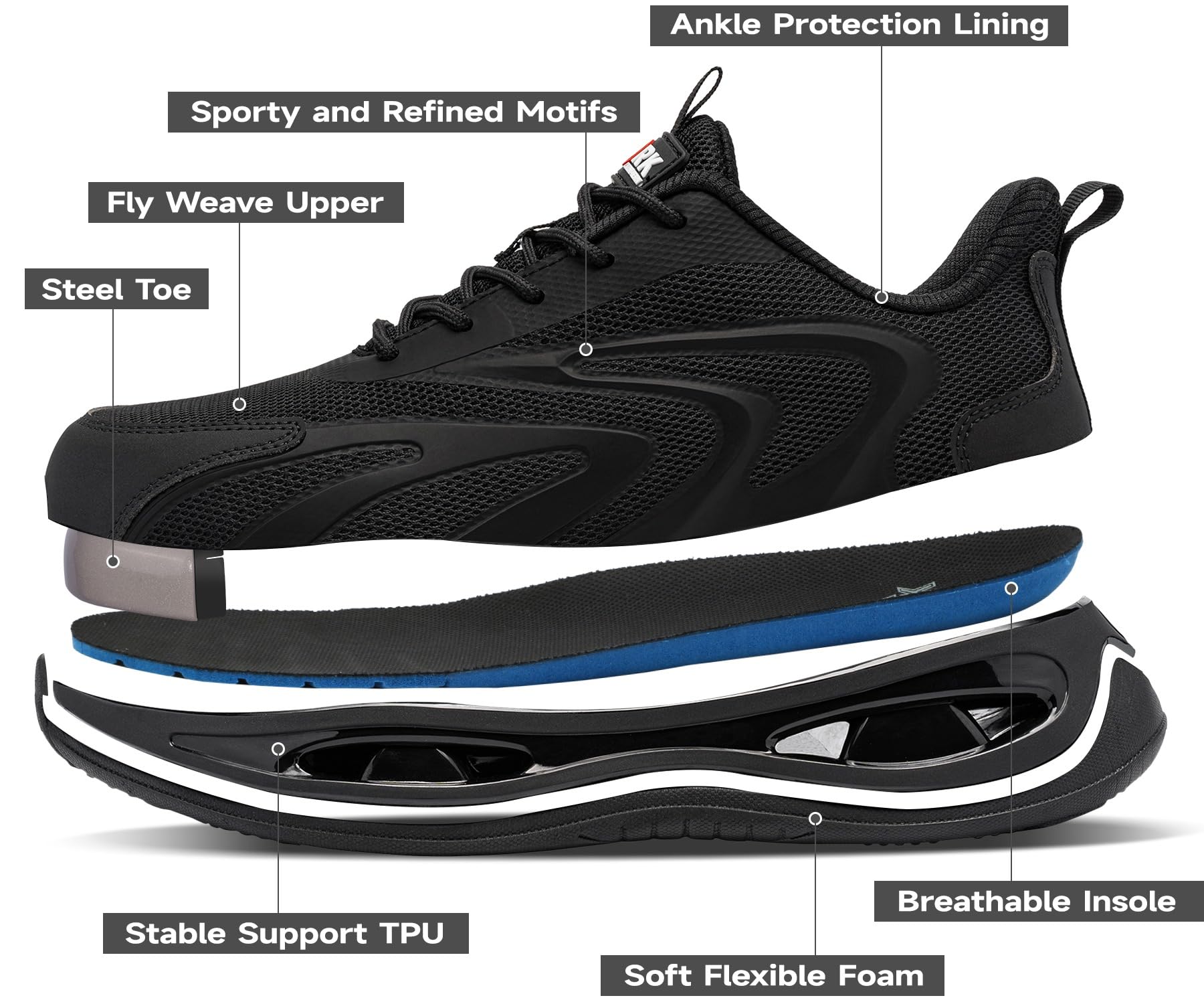 LARNMERN Steel Toe Shoes Men Breathable Work Sneakers Safety Lightweight Comfortable Tennis Shoe Indestructible Sneaker(9.5 Men, Black)