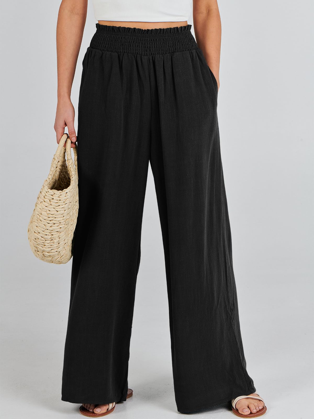 Caracilia Womens Linen Pants Wide Leg Palazzo Lounge Pant High Waisted Flowy 2024 Summer Beach Work Boho Casual Trousers Black Medium