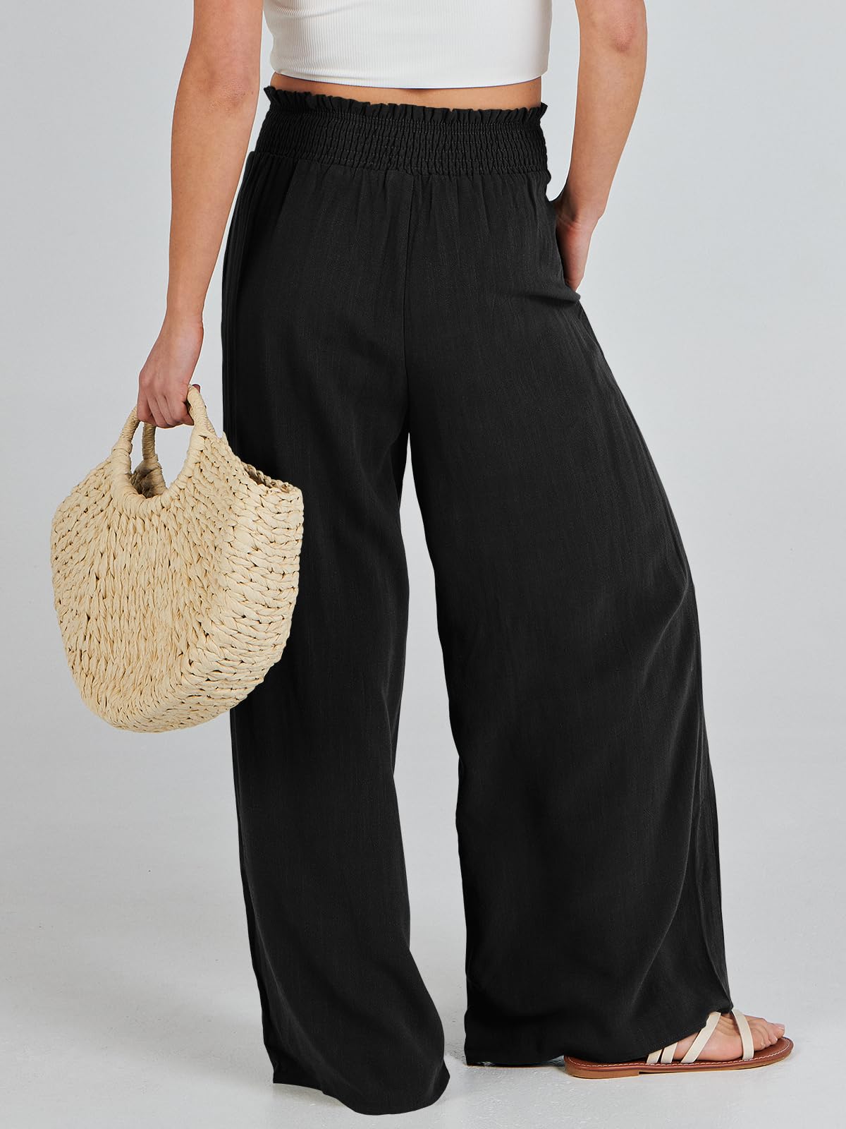 Caracilia Womens Linen Pants Wide Leg Palazzo Lounge Pant High Waisted Flowy 2024 Summer Beach Work Boho Casual Trousers Black Medium