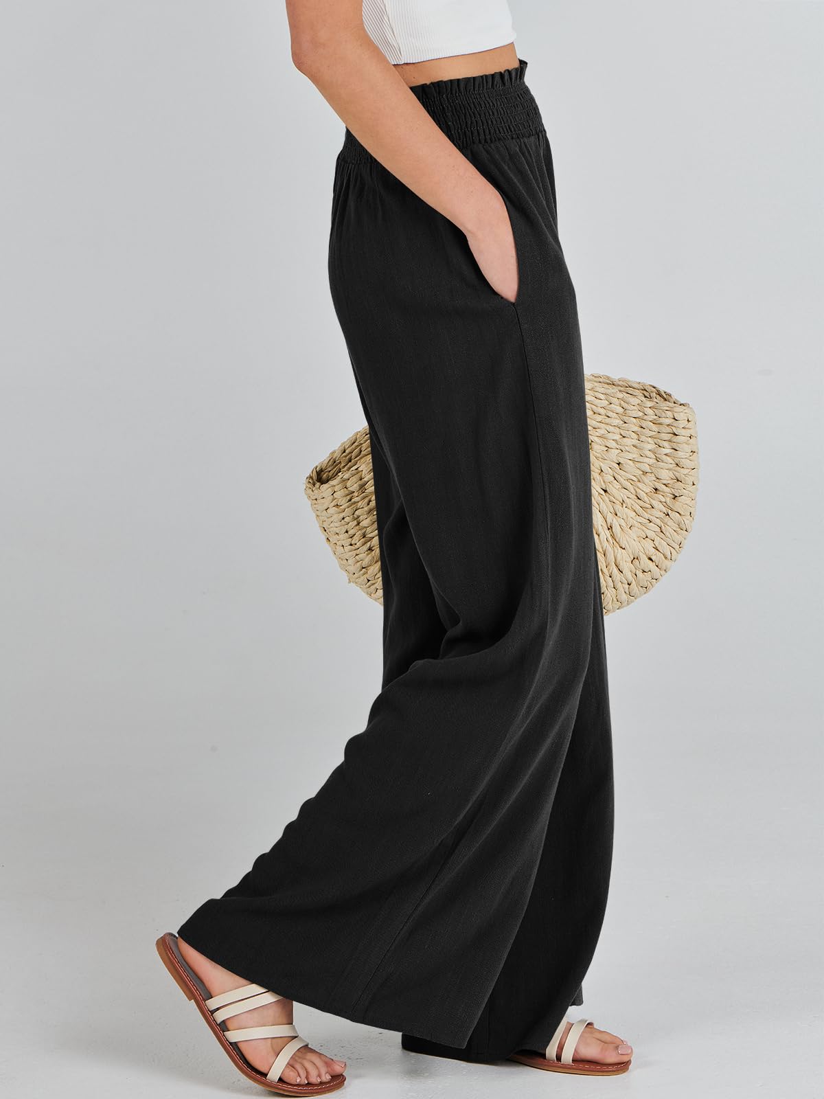 Caracilia Womens Linen Pants Wide Leg Palazzo Lounge Pant High Waisted Flowy 2024 Summer Beach Work Boho Casual Trousers Black Medium