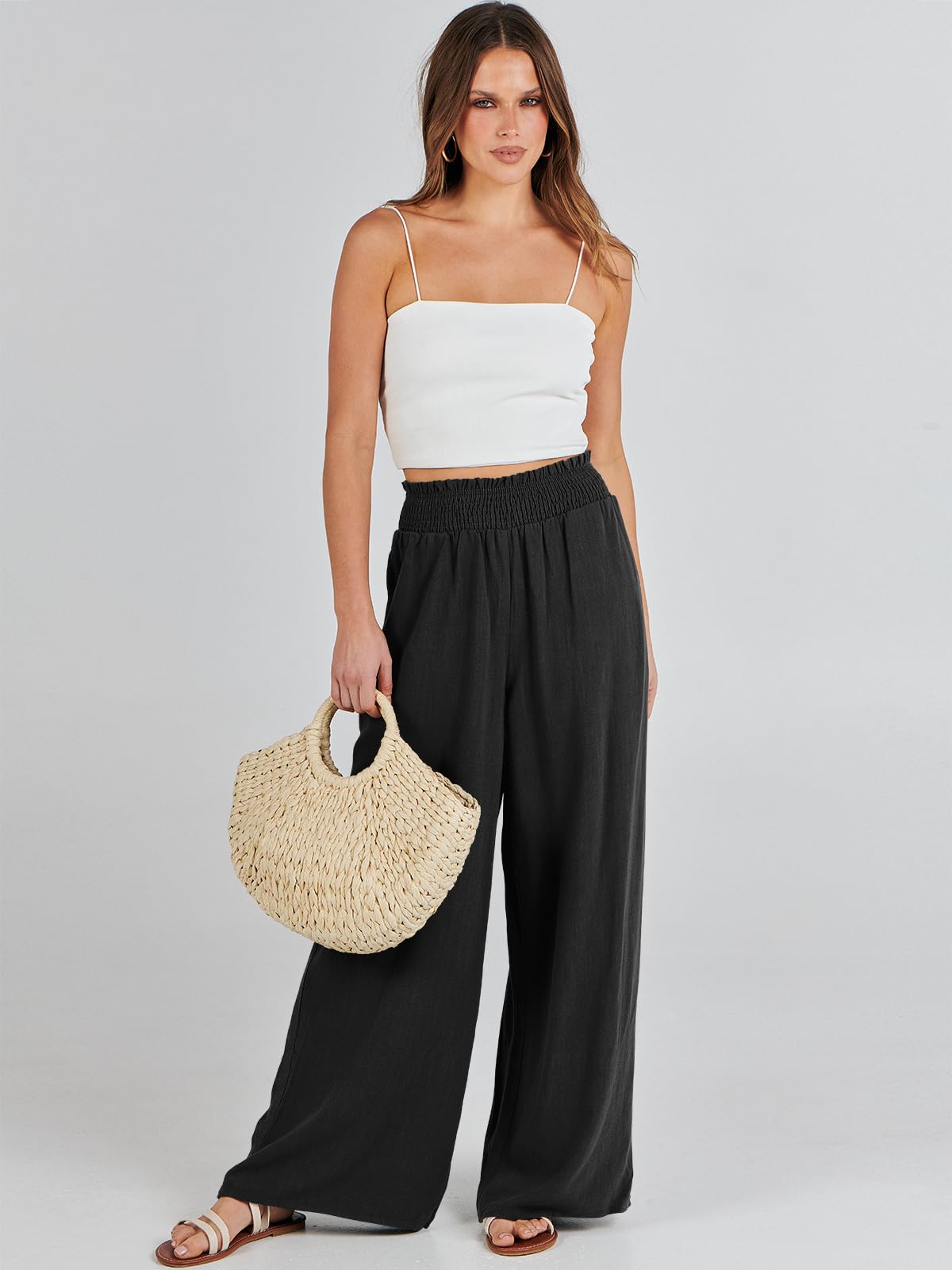 Caracilia Womens Linen Pants Wide Leg Palazzo Lounge Pant High Waisted Flowy 2024 Summer Beach Work Boho Casual Trousers Black Medium
