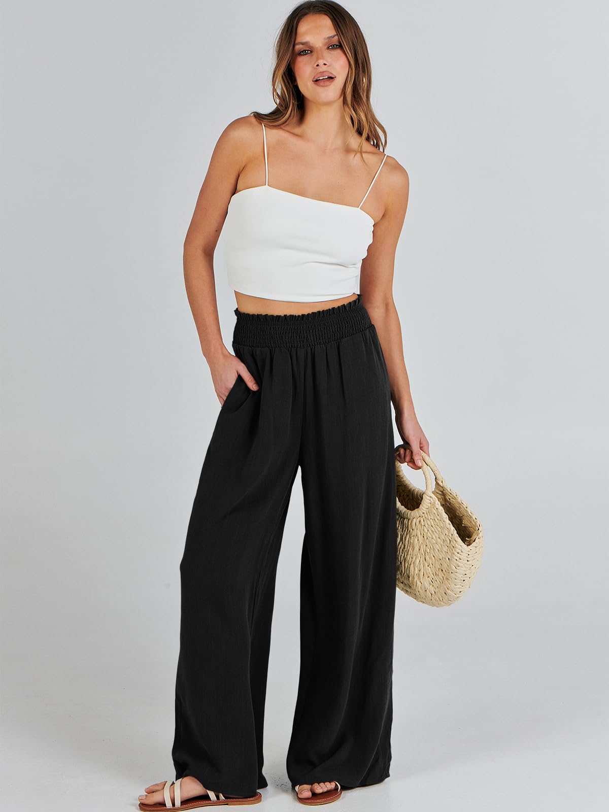 Caracilia Womens Linen Pants Wide Leg Palazzo Lounge Pant High Waisted Flowy 2024 Summer Beach Work Boho Casual Trousers Black Medium