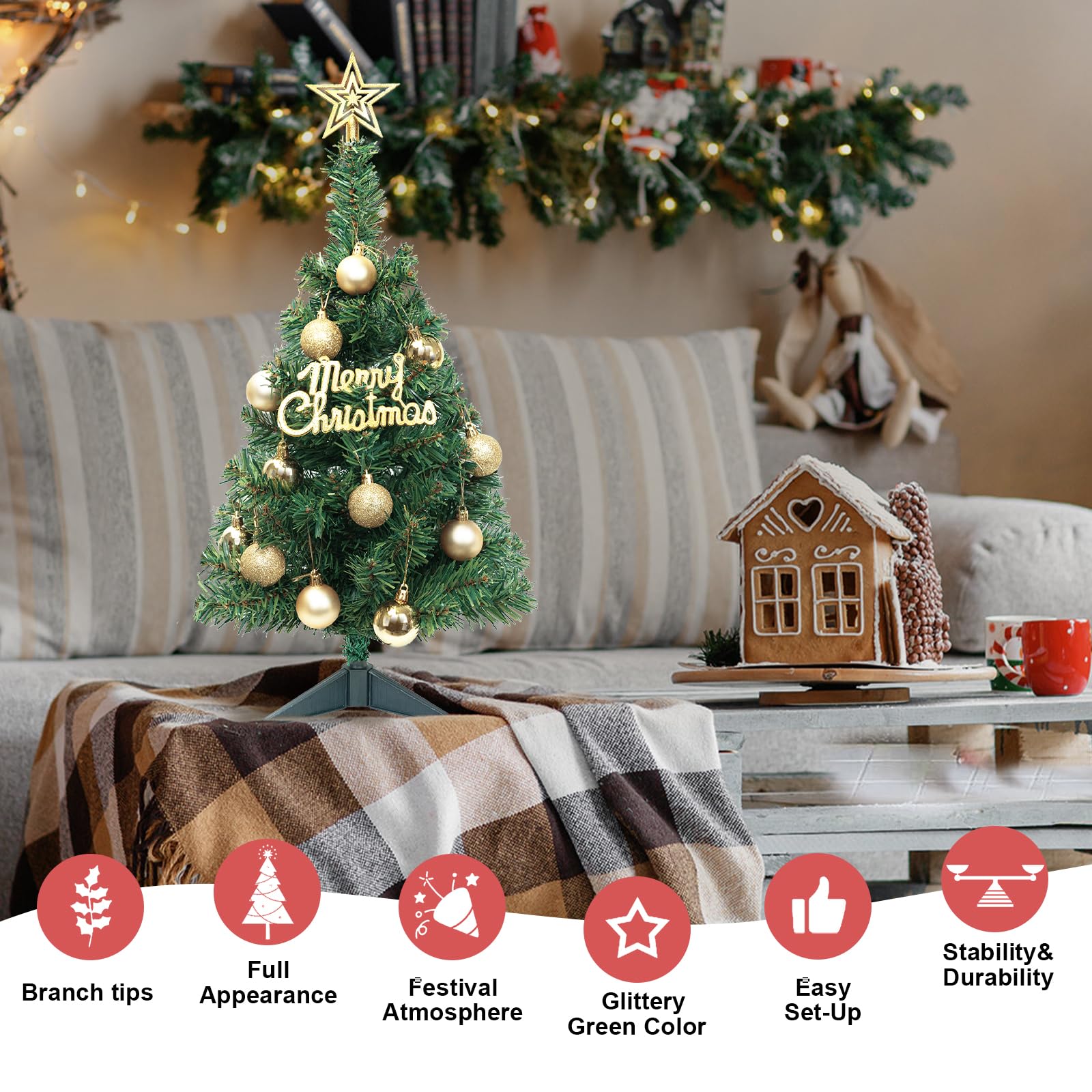DUUDO Mini Christmas Tree,Small Christmas Tree with Star Hanging Ornaments Artificial Xmas Tree for Home,Office,Tabletop,Indoor Holiday Great DIY Christmas Decorations 25.6Inch