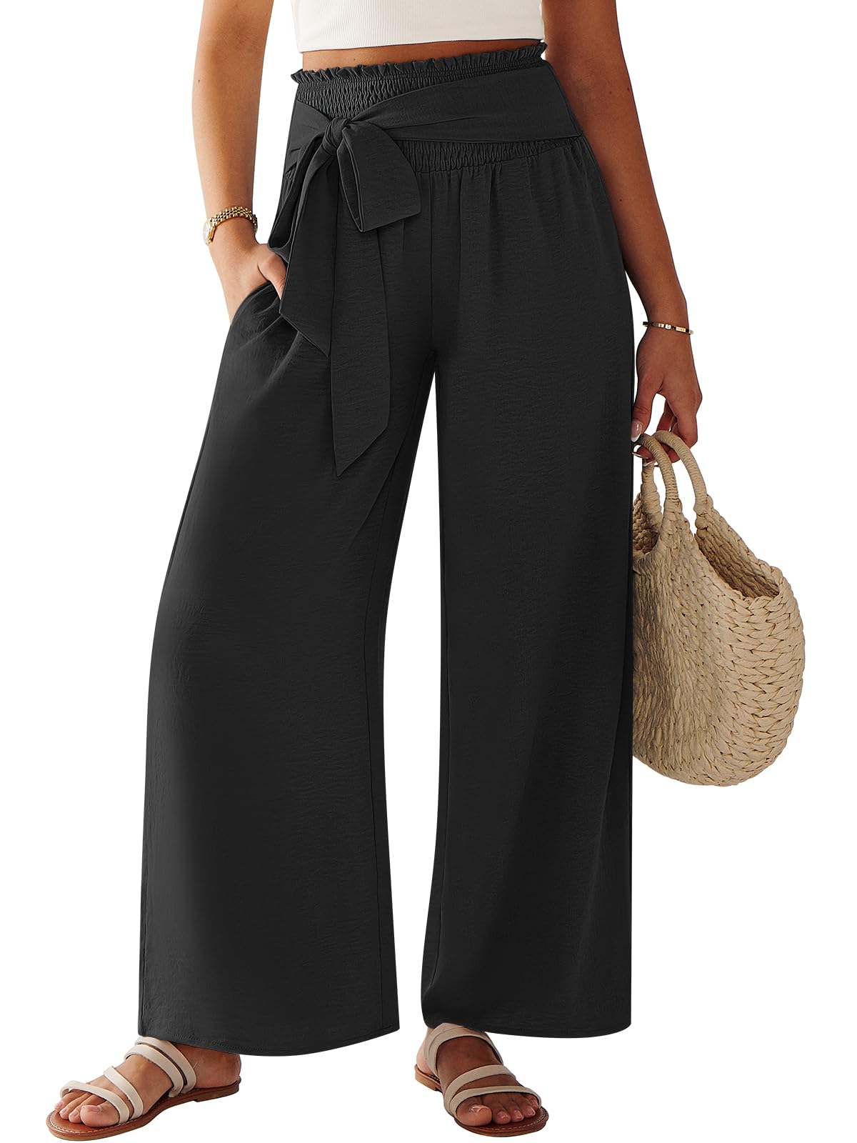 Caracilia Womens Summer Fall High Waisted Flowy Work Casual Boho Palazzo Pants Wide Leg Long Lounge Pant Trousers with Pocket Business Office Elastic Waist A1206heise-XL Black,X-Large