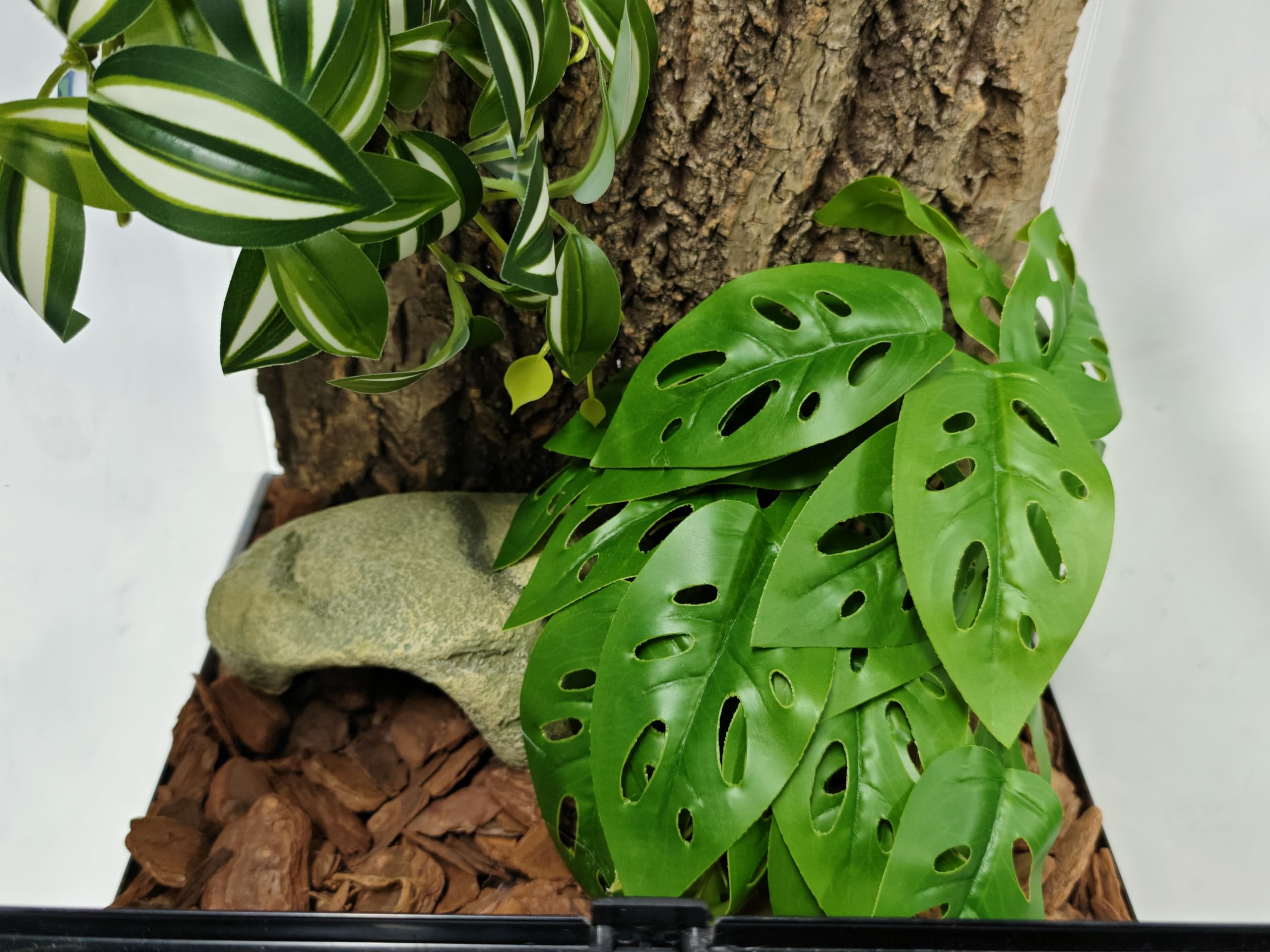 Woyrise Reptile Artificial Plants with Base, Terrarium Decor Amphibian Habitat Plant, Bearded Dragon Tank Accessories fit Gecko Lizard Chameleon Snake Frog - Monstera Adansonni