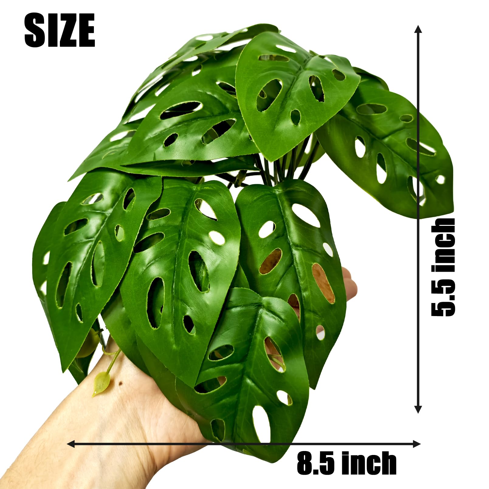 Woyrise Reptile Artificial Plants with Base, Terrarium Decor Amphibian Habitat Plant, Bearded Dragon Tank Accessories fit Gecko Lizard Chameleon Snake Frog - Monstera Adansonni