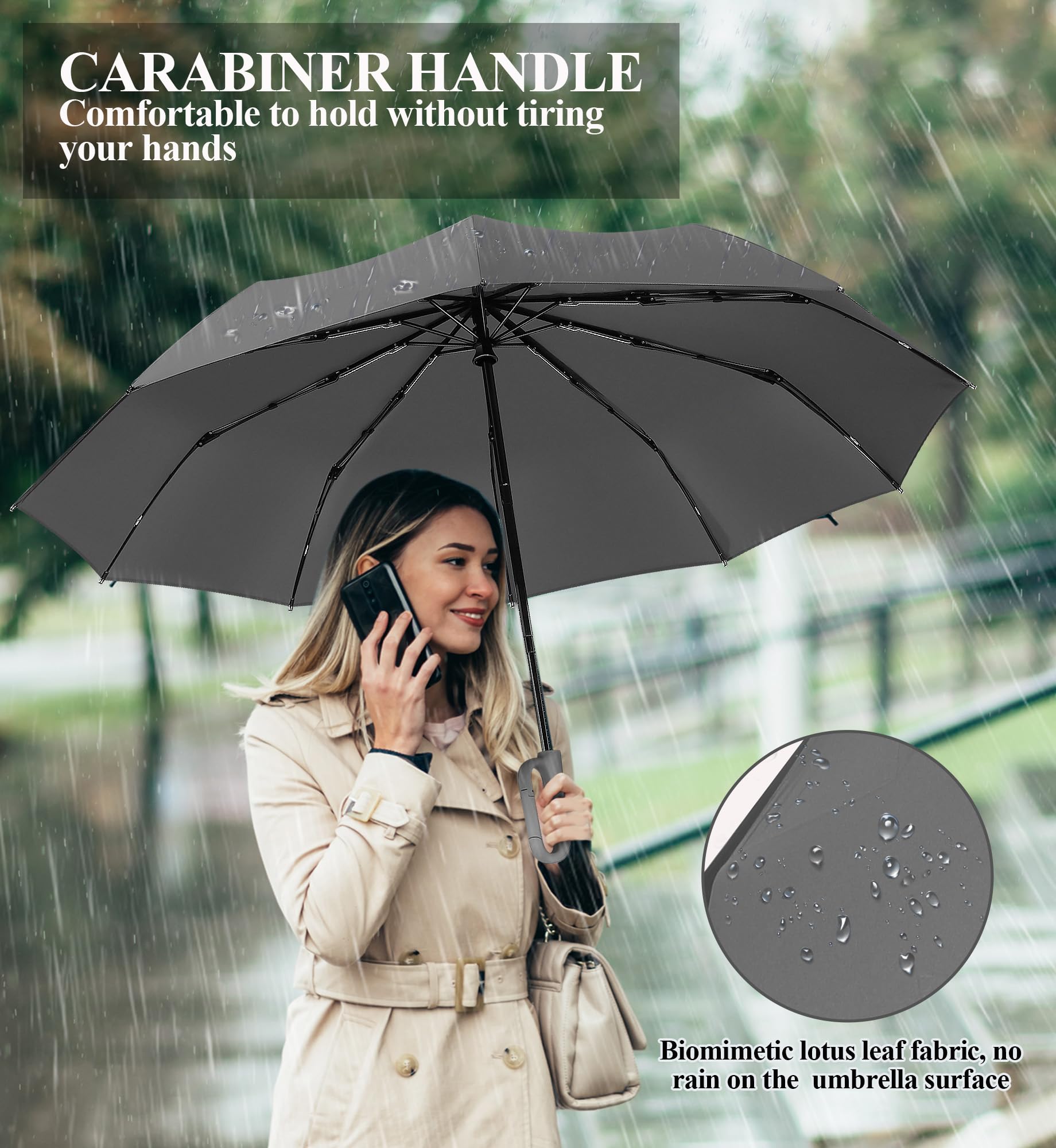 TUMAAOTU Compact Travel Umbrella, Grey, 14 in Length, 40 in Diameter, 10 Fiberglass Ribs, Waterproof, Easy to Carry